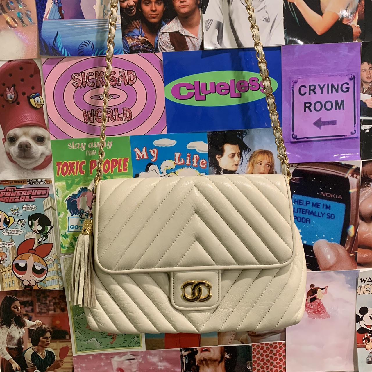 small cream, off-white purse with gold chain from... - Depop