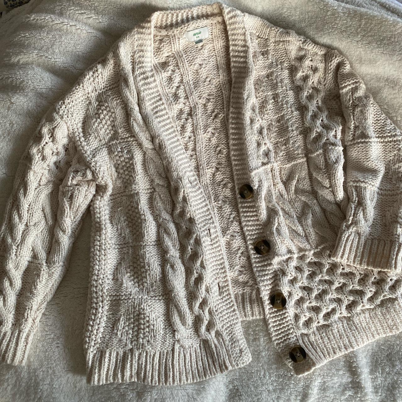 super chunky and comfy white cable knit cardigan... - Depop