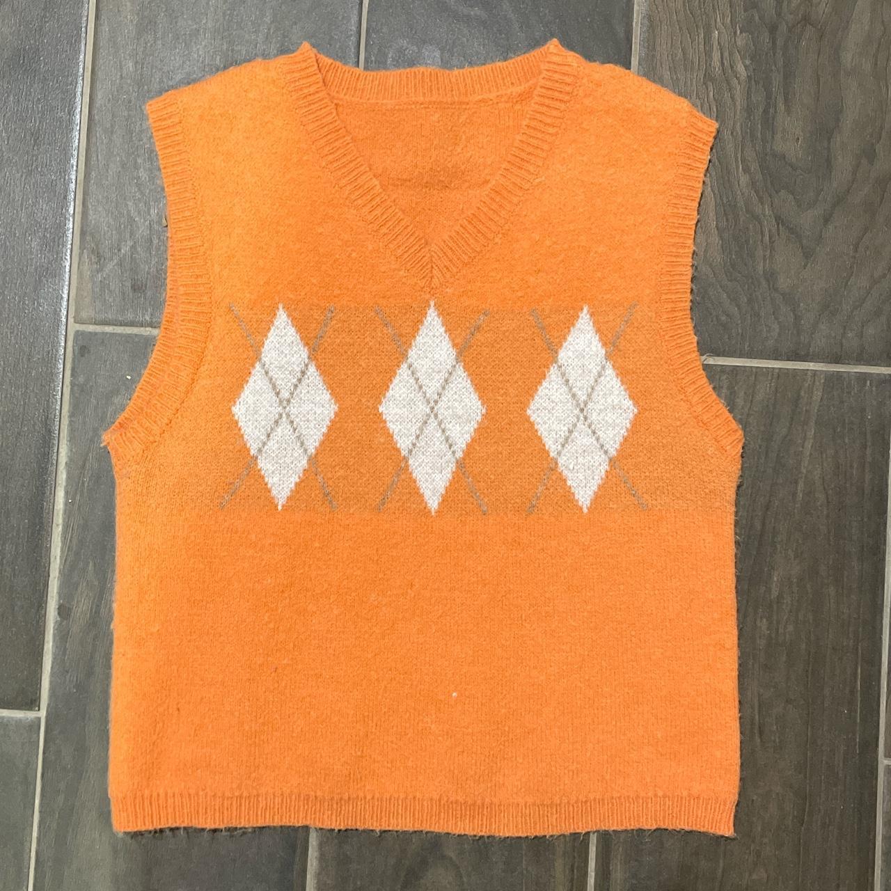Orange fuzzy argyle vest one size but best fits a... - Depop