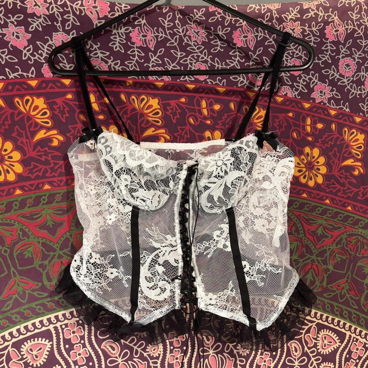 Black and white lace bow top Excellent second hand... - Depop