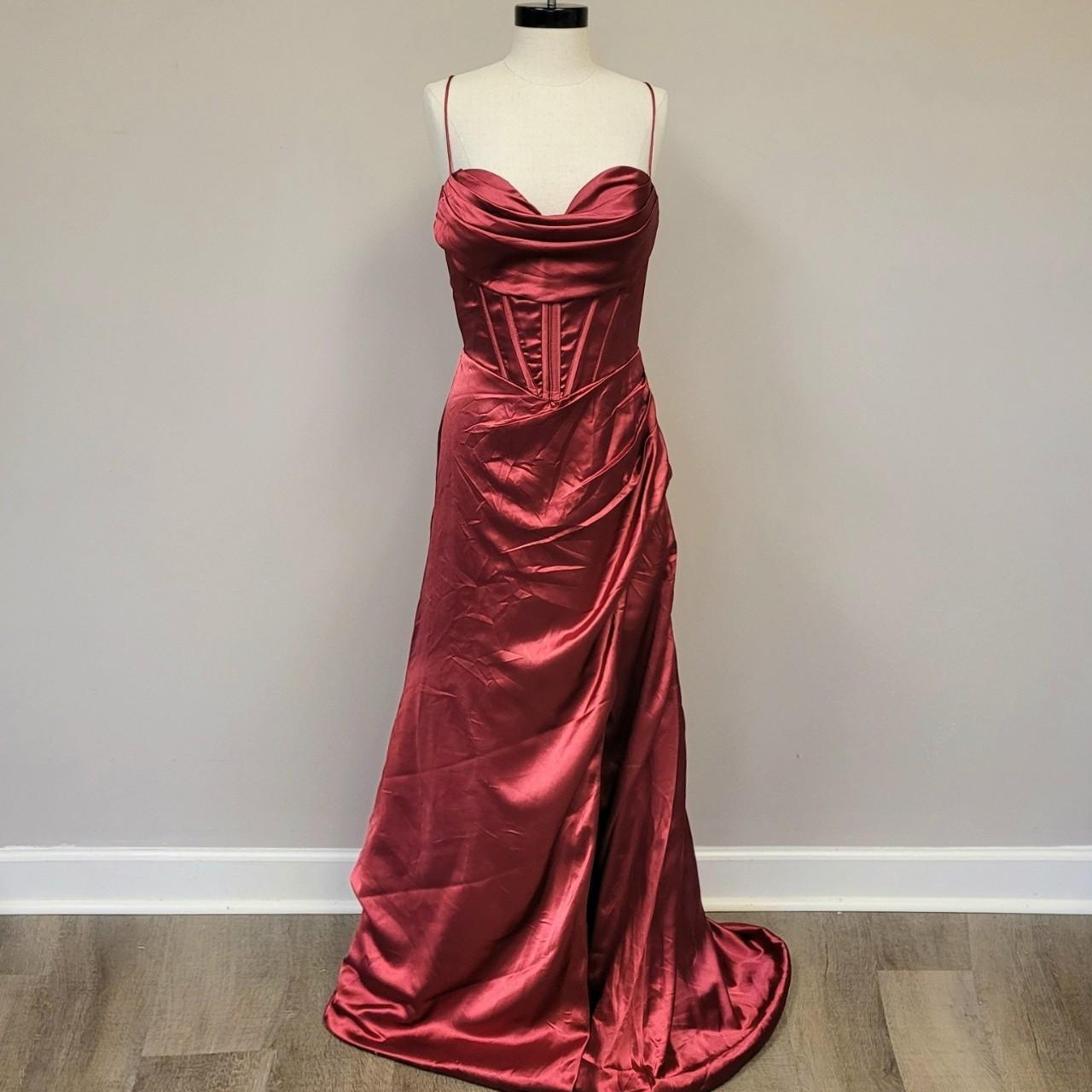 Red Satin Corset Long Formal Prom Dress Overall... | Depop