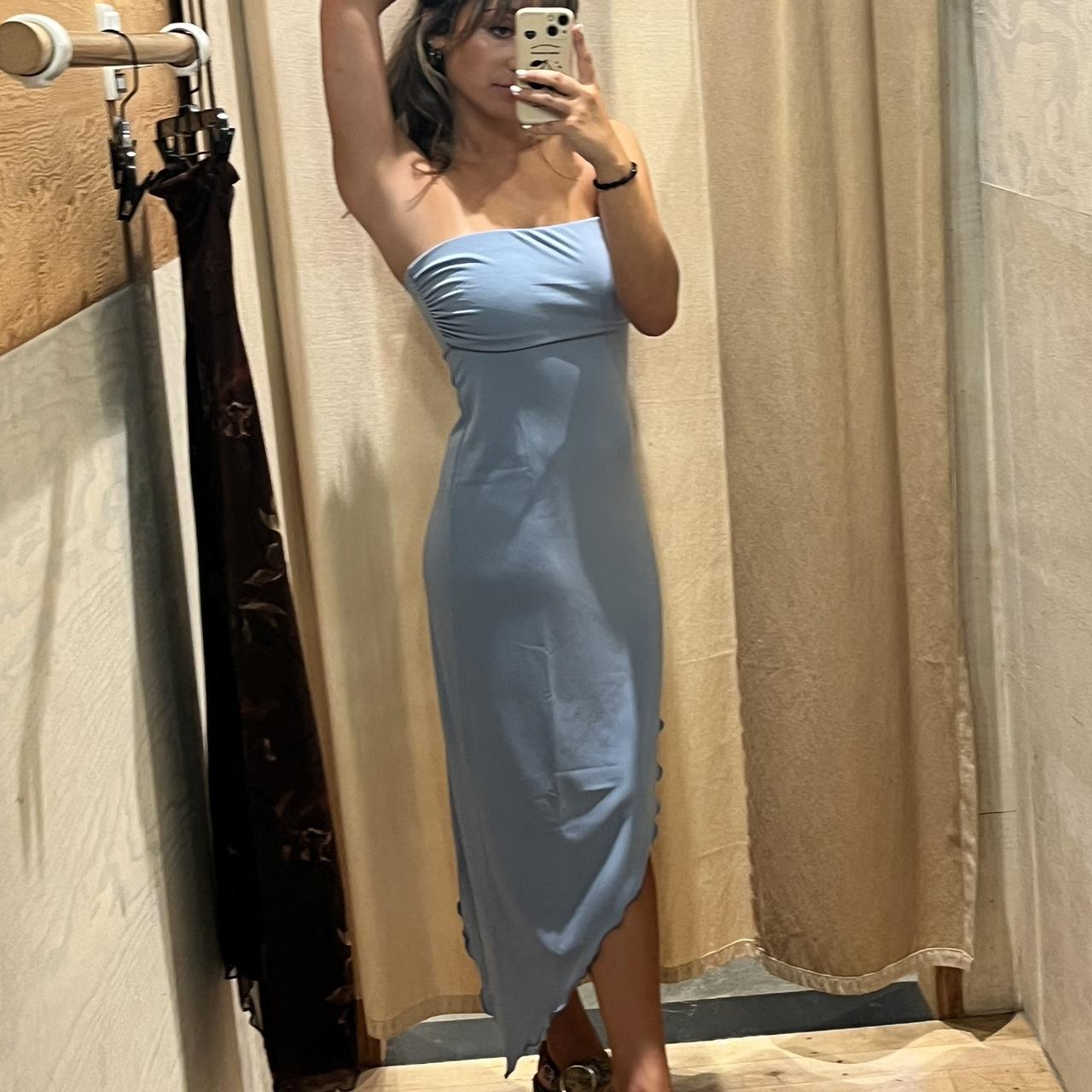 Asymmetrical, strapless, light blue dress from urban... - Depop