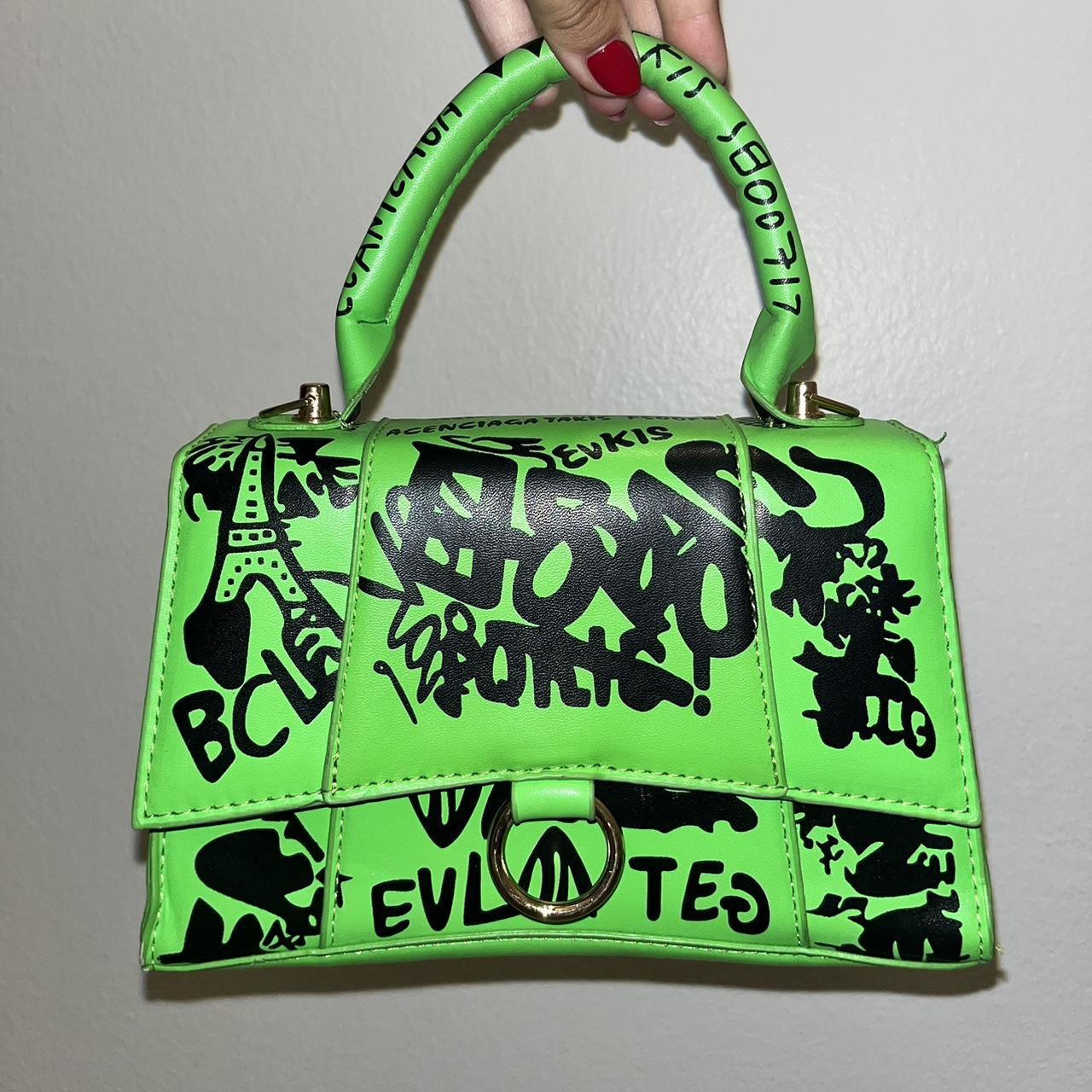 Bright neon green hand bag with graffiti all over it... - Depop
