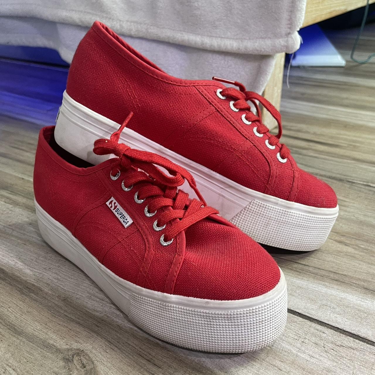 Superga Women's Red and White Trainers | Depop