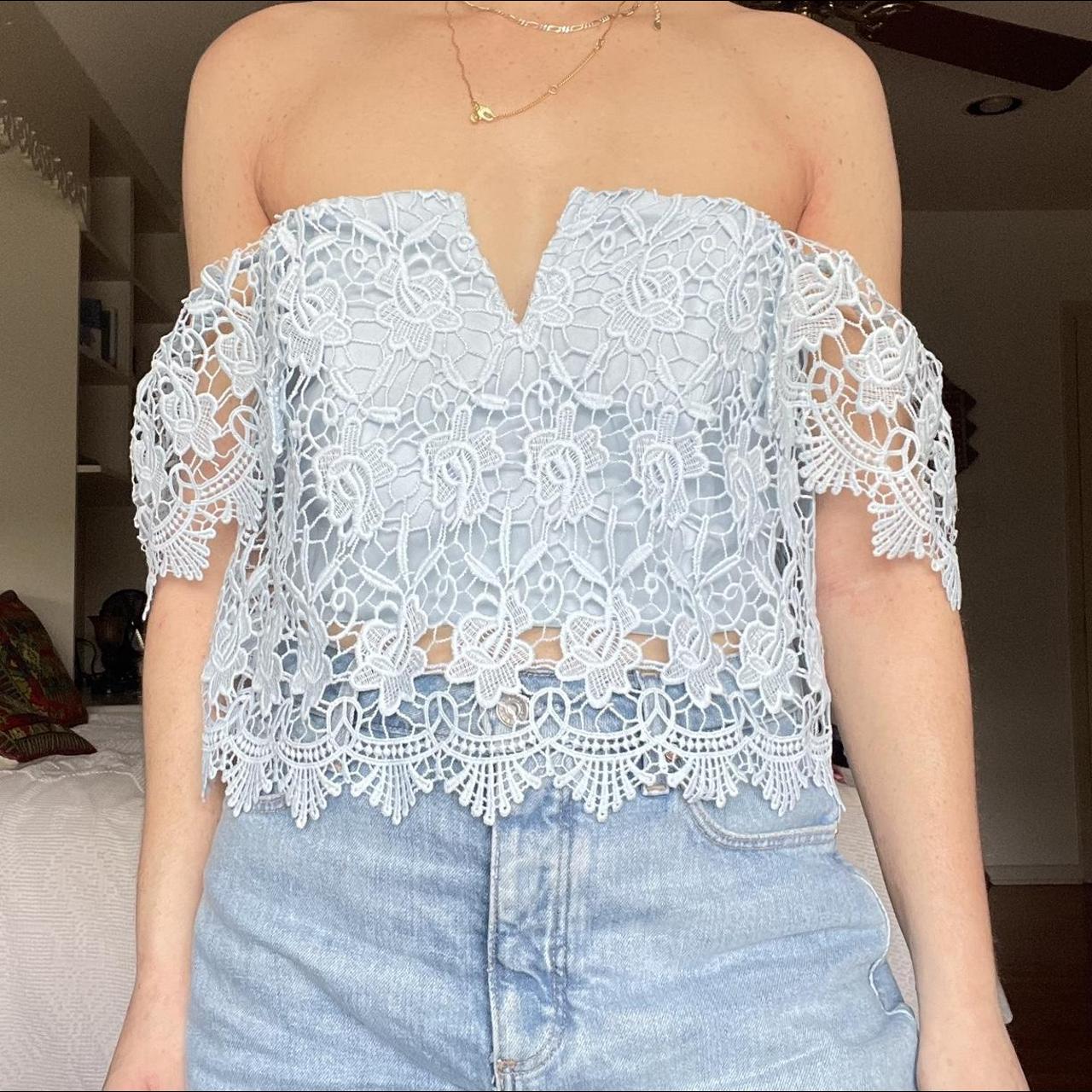 Light blue off the shoulder lace top. The brand is... - Depop