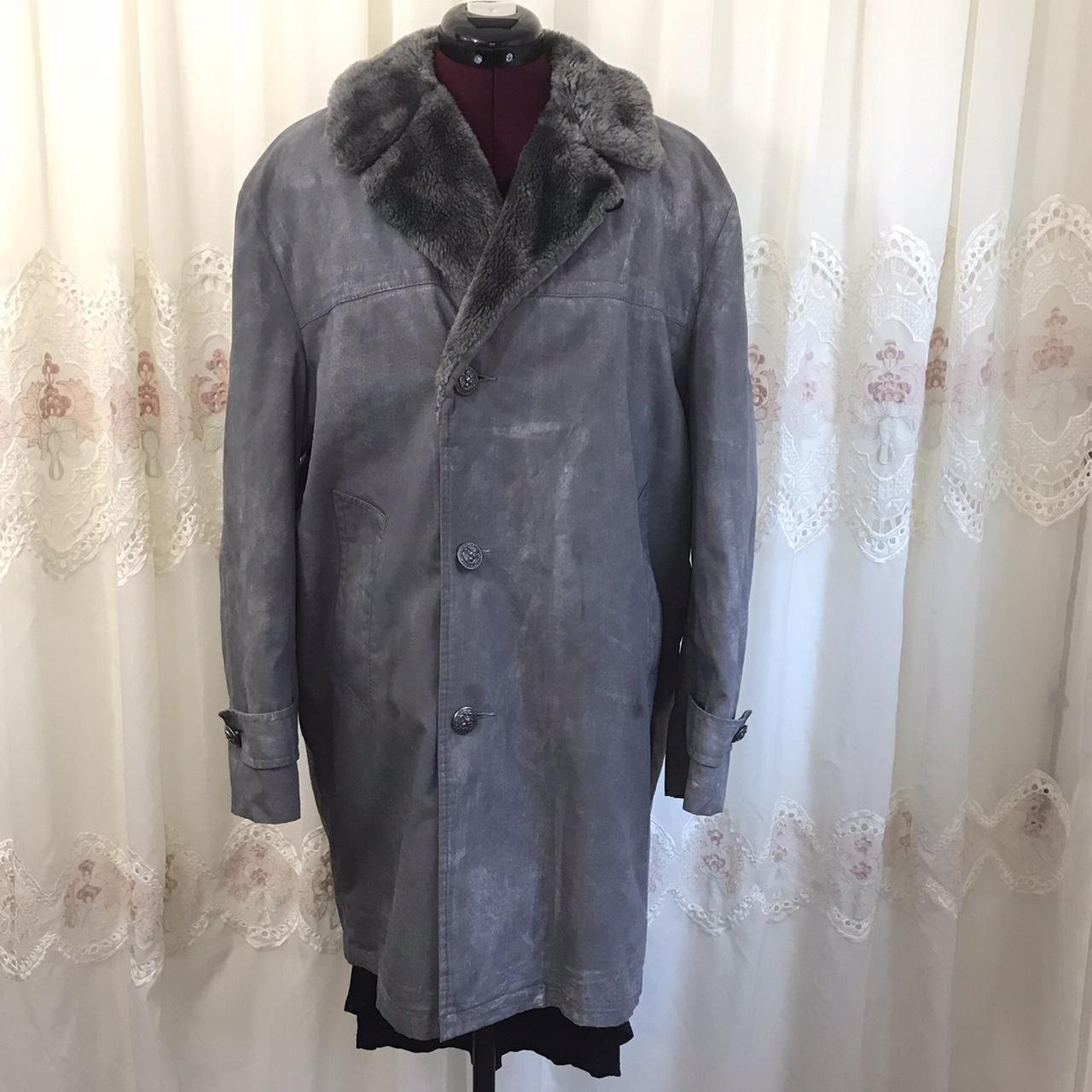 Gray faux fur lined overcoat Stone wash gray mid... - Depop