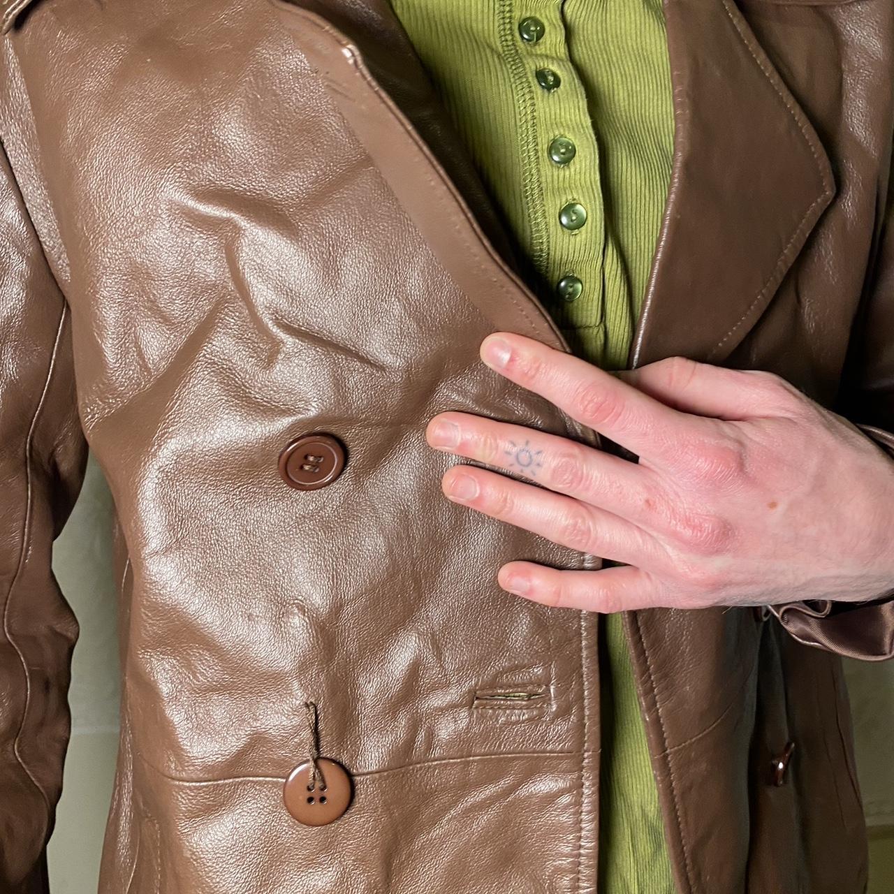 Vintage 90s Brown Leather Coat The One Button Fell Depop
