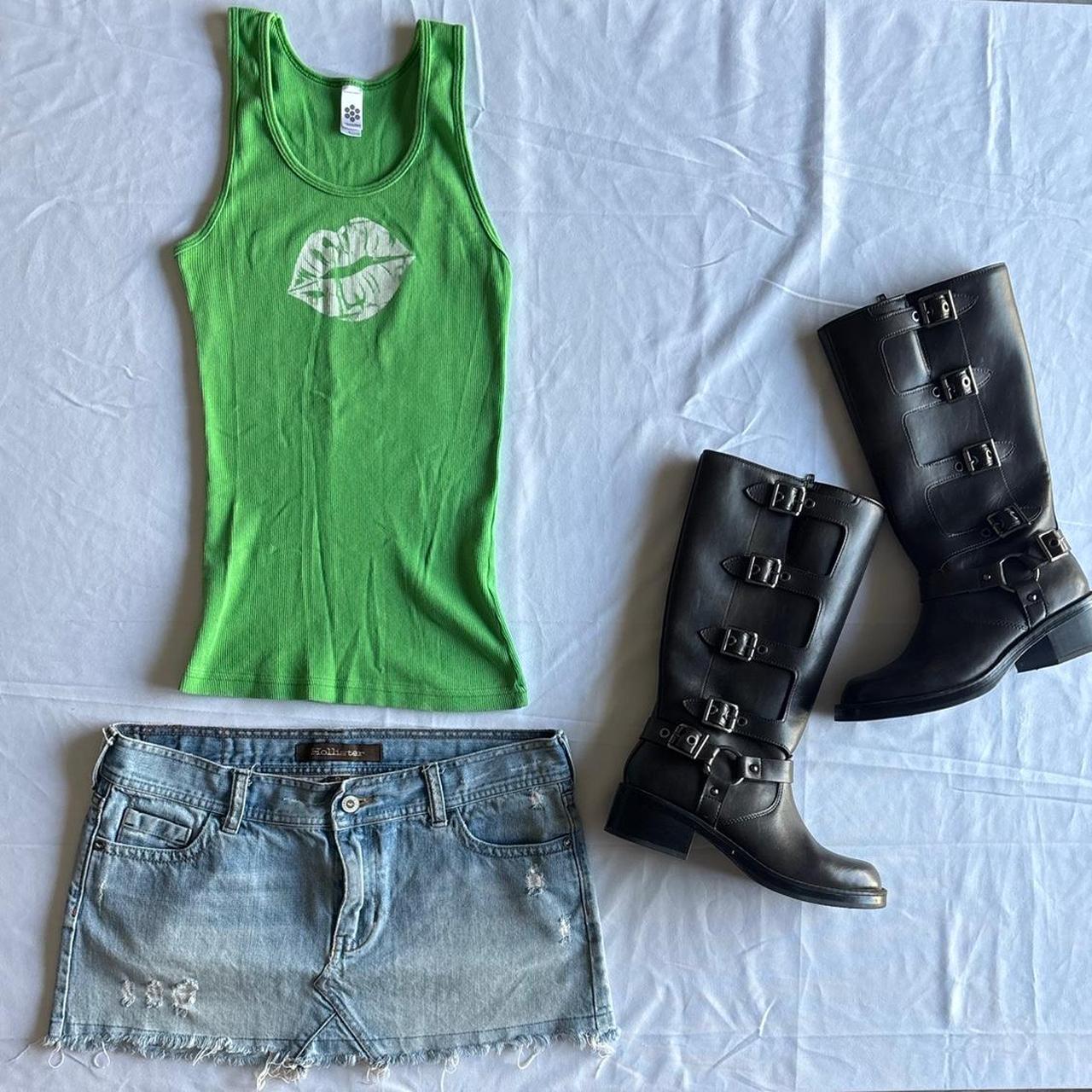 early 2000s green tank top with white kiss detail... | Depop