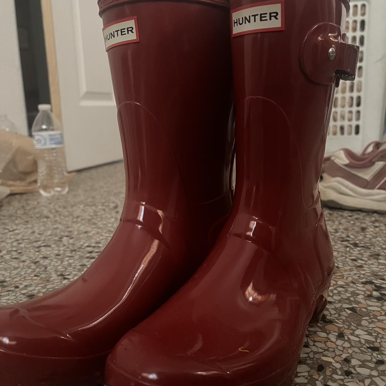 Red rain boots by hunter calf length a statement piece - Depop