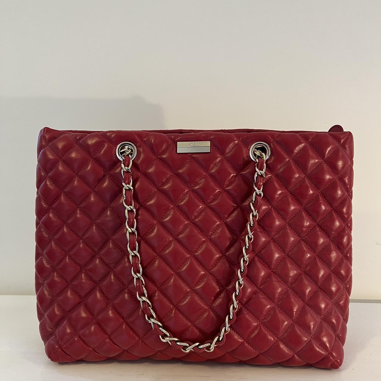 Jaeger Red Leather Quilted Tote Handbag with... - Depop