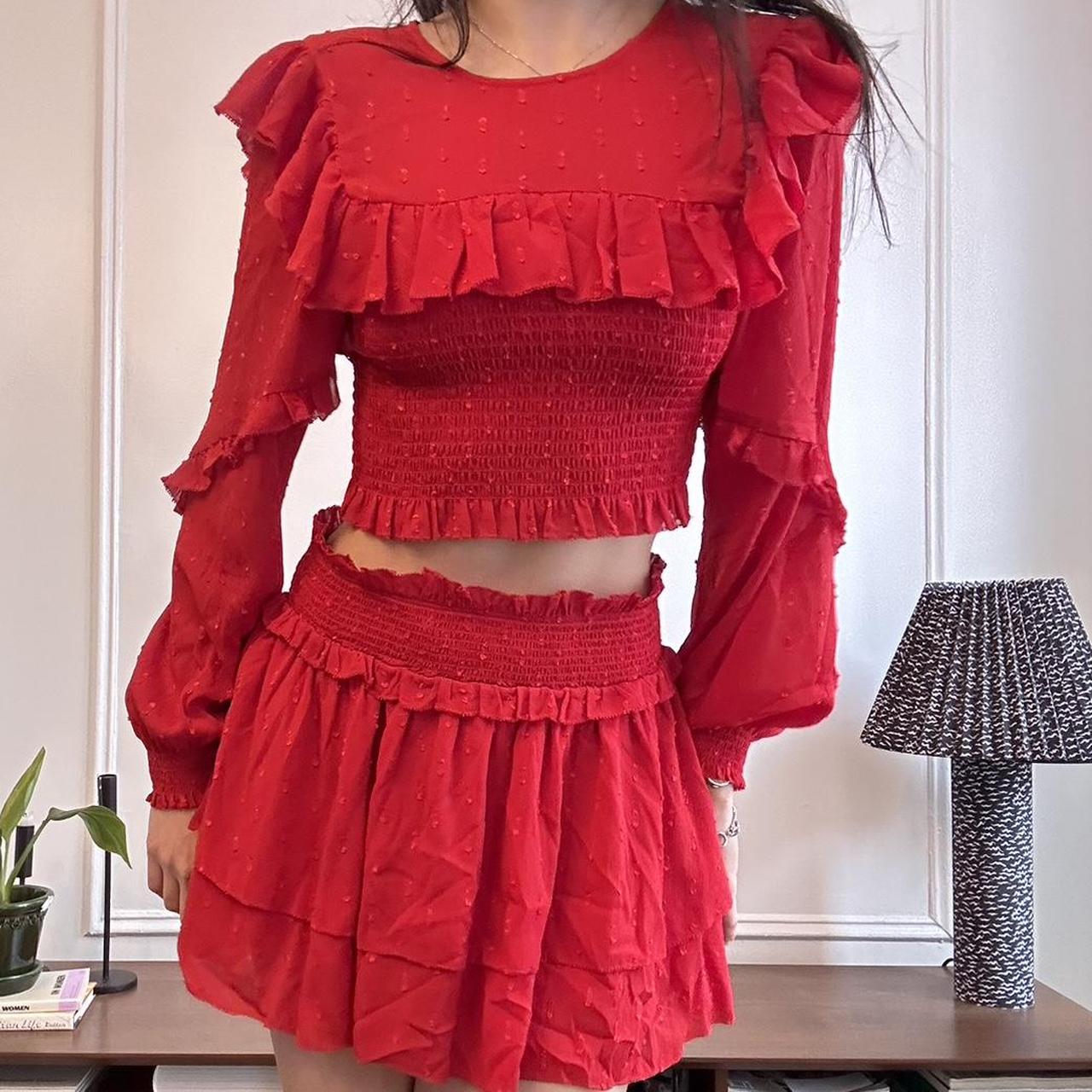 red ruffle + smocked top and skort set top size... - Depop