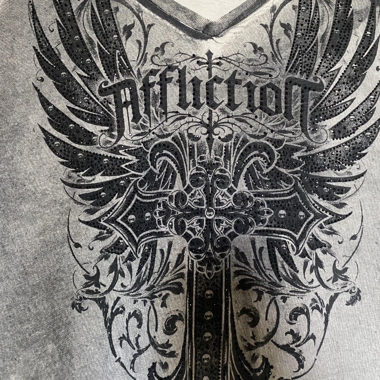 affliction grey wash winged cross graphic v... - Depop