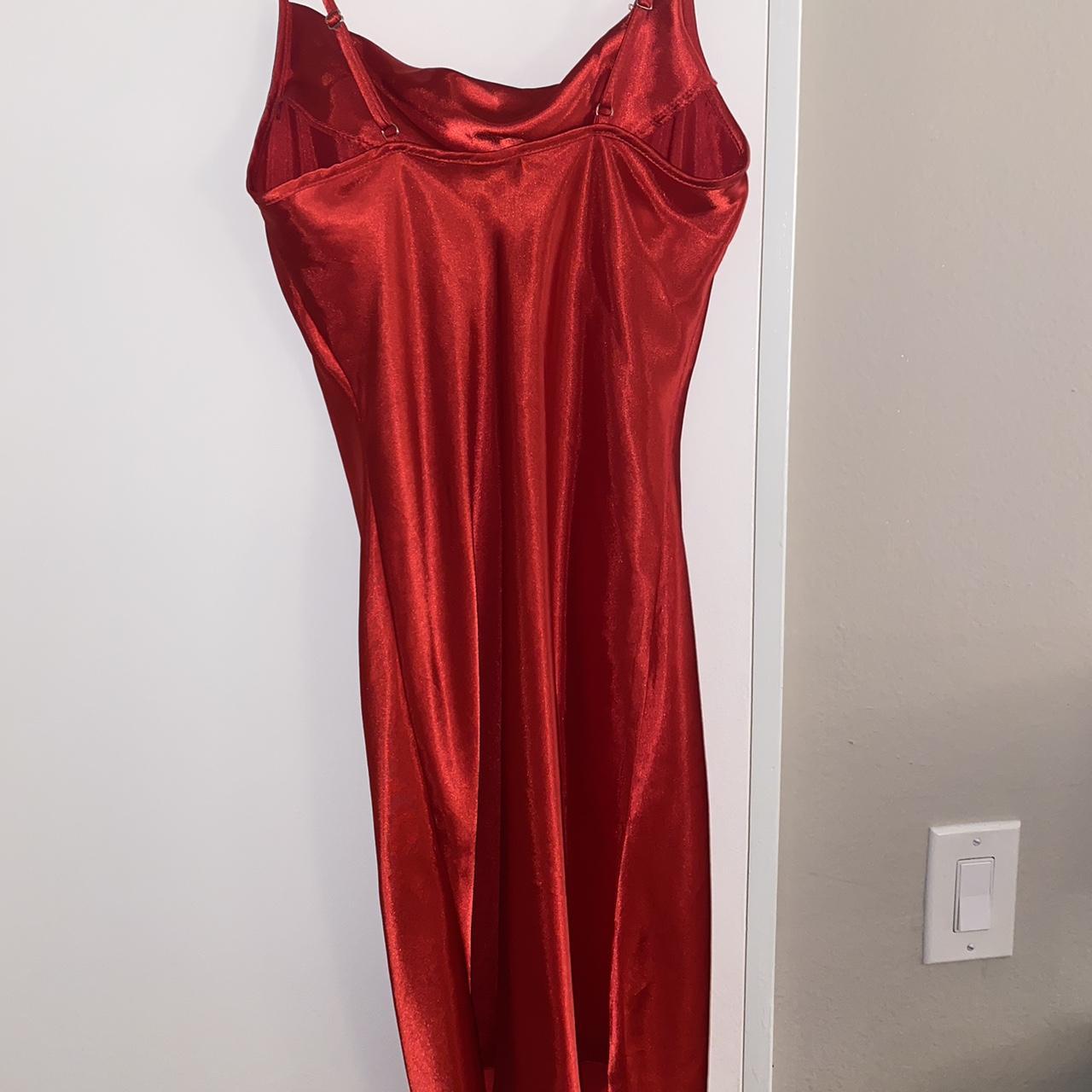 Red satin cowl neck slip dress BEBE - Depop