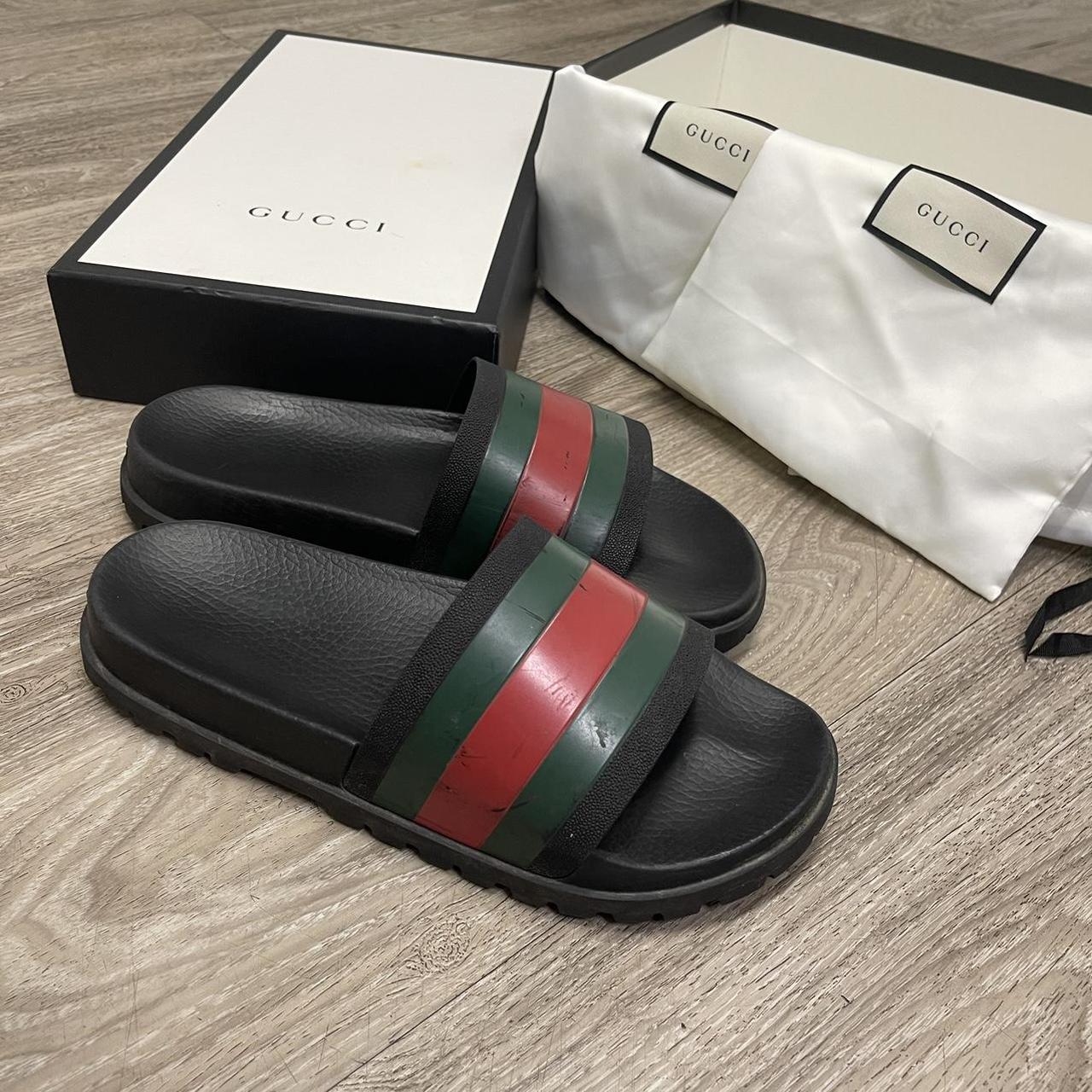Black Gucci Sliders With Classic Green And Red... - Depop