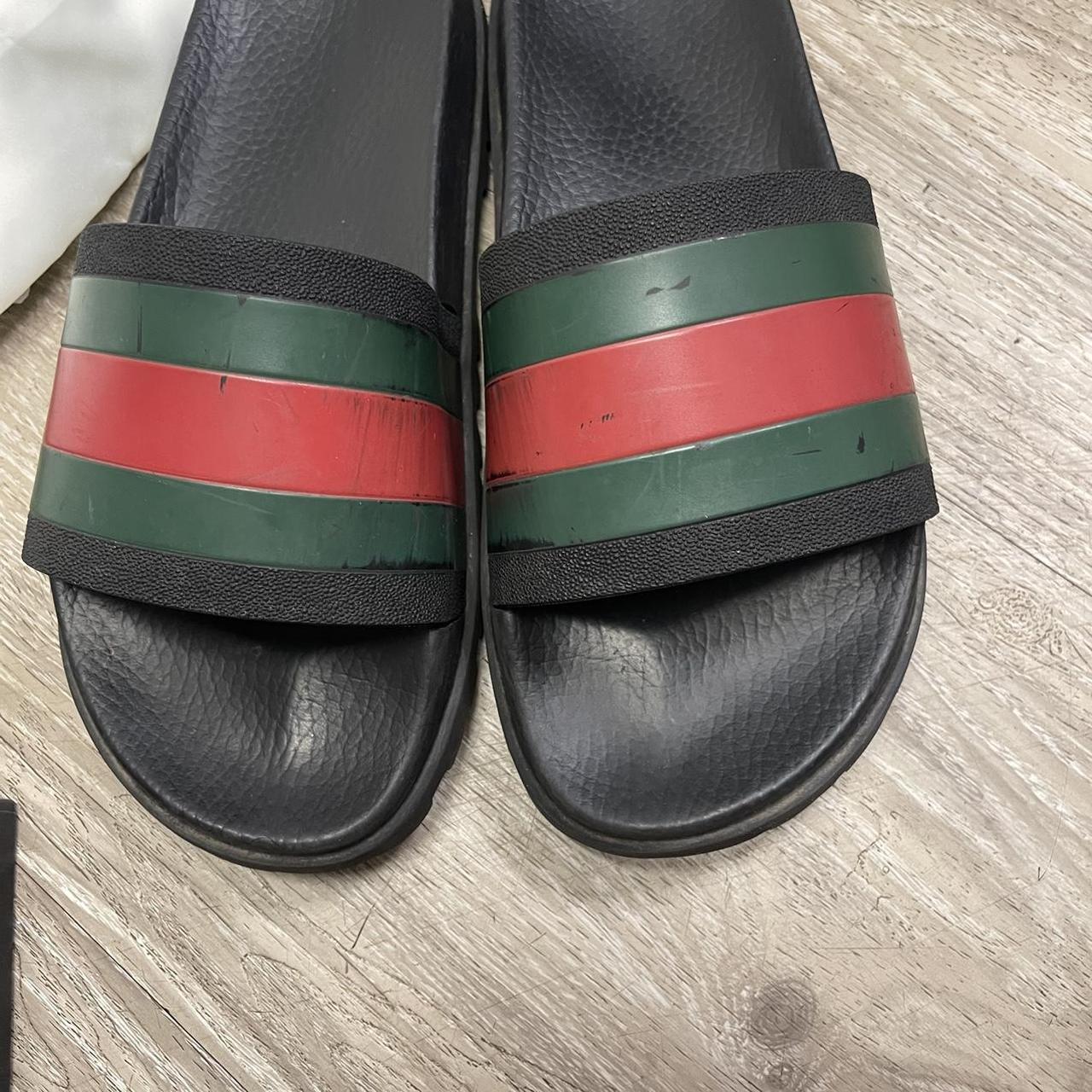 Black Gucci Sliders With Classic Green And Red... - Depop