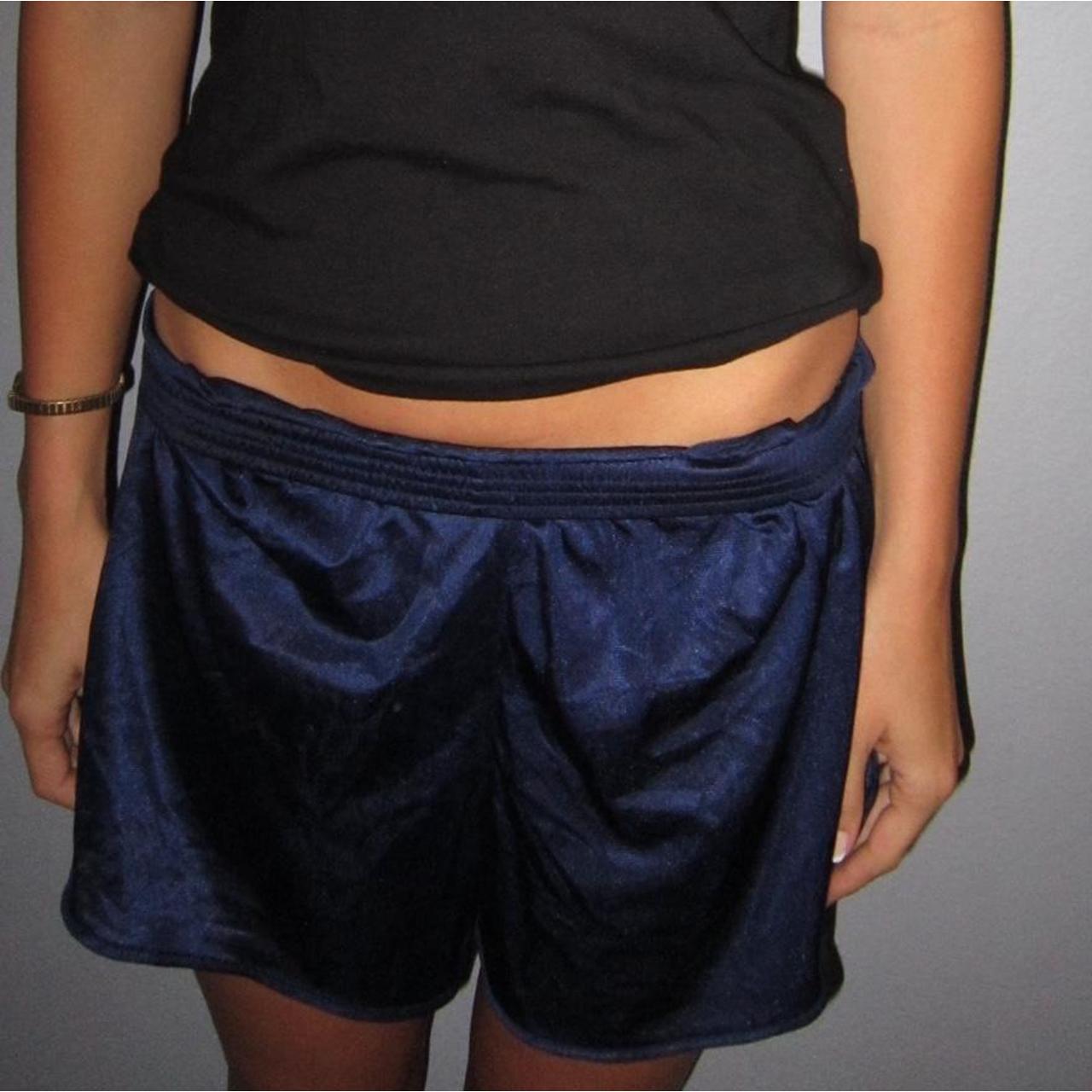 Dark blue satin mini shorts... - Depop