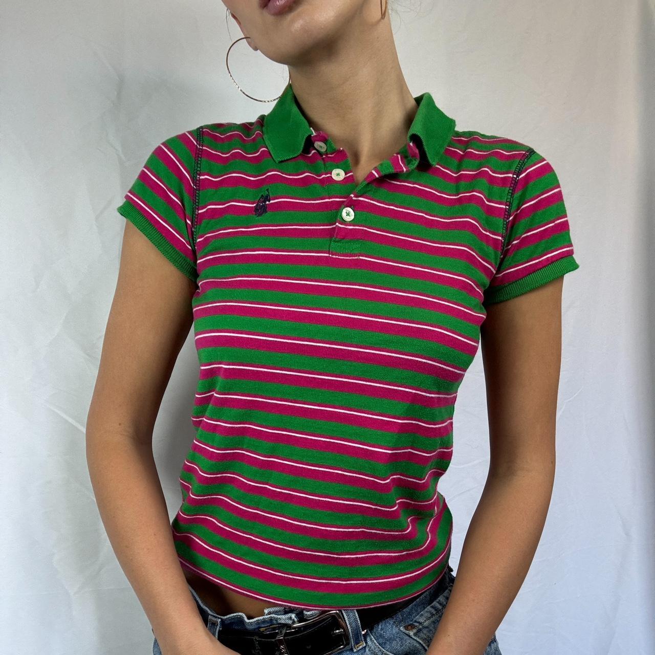 Green and pink preppy button up polo... - Depop