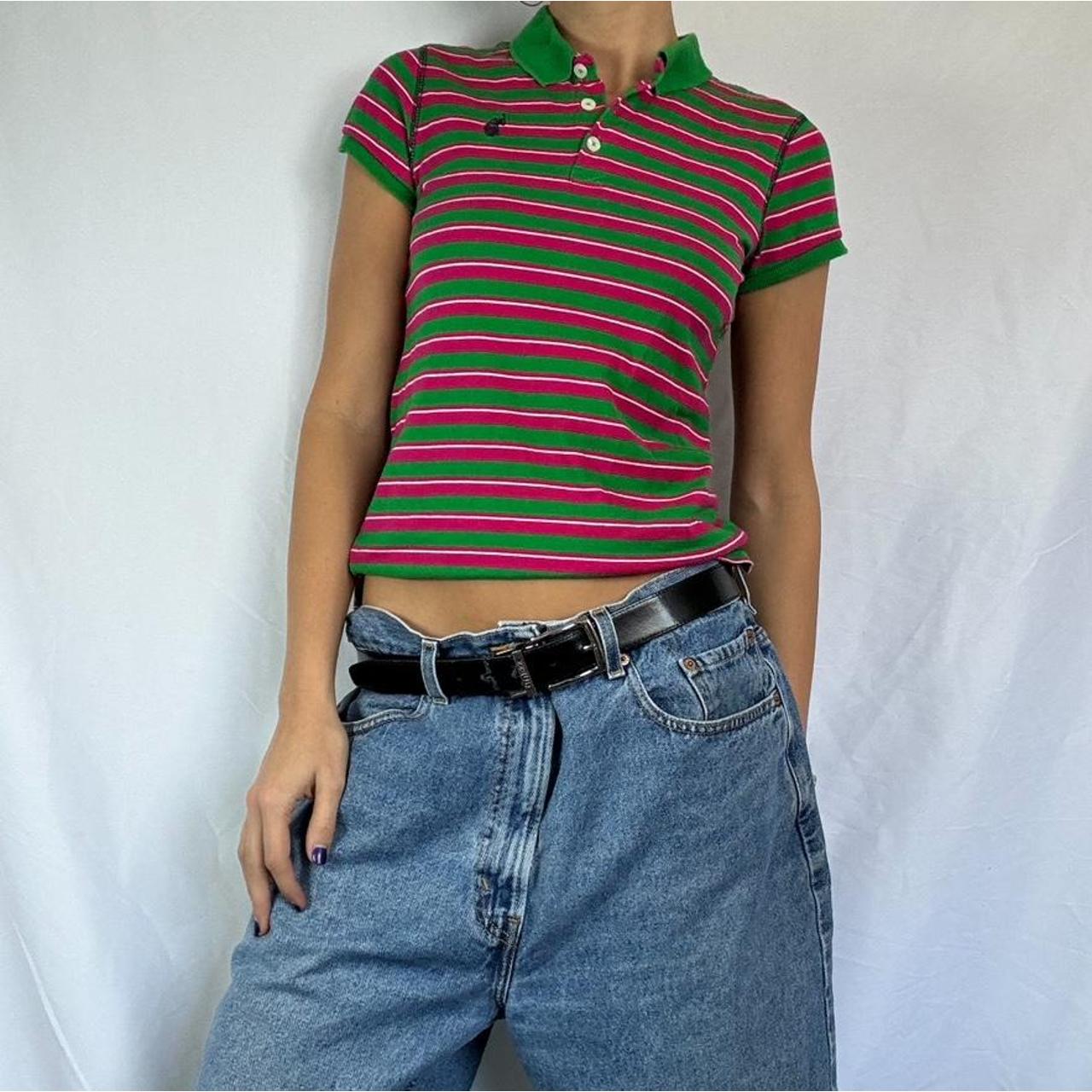 Green and pink preppy button up polo... - Depop