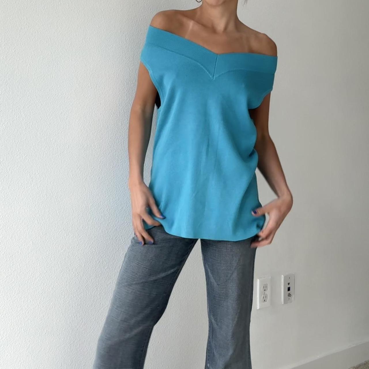 Turquoise v off the shoulder sweater top - Depop