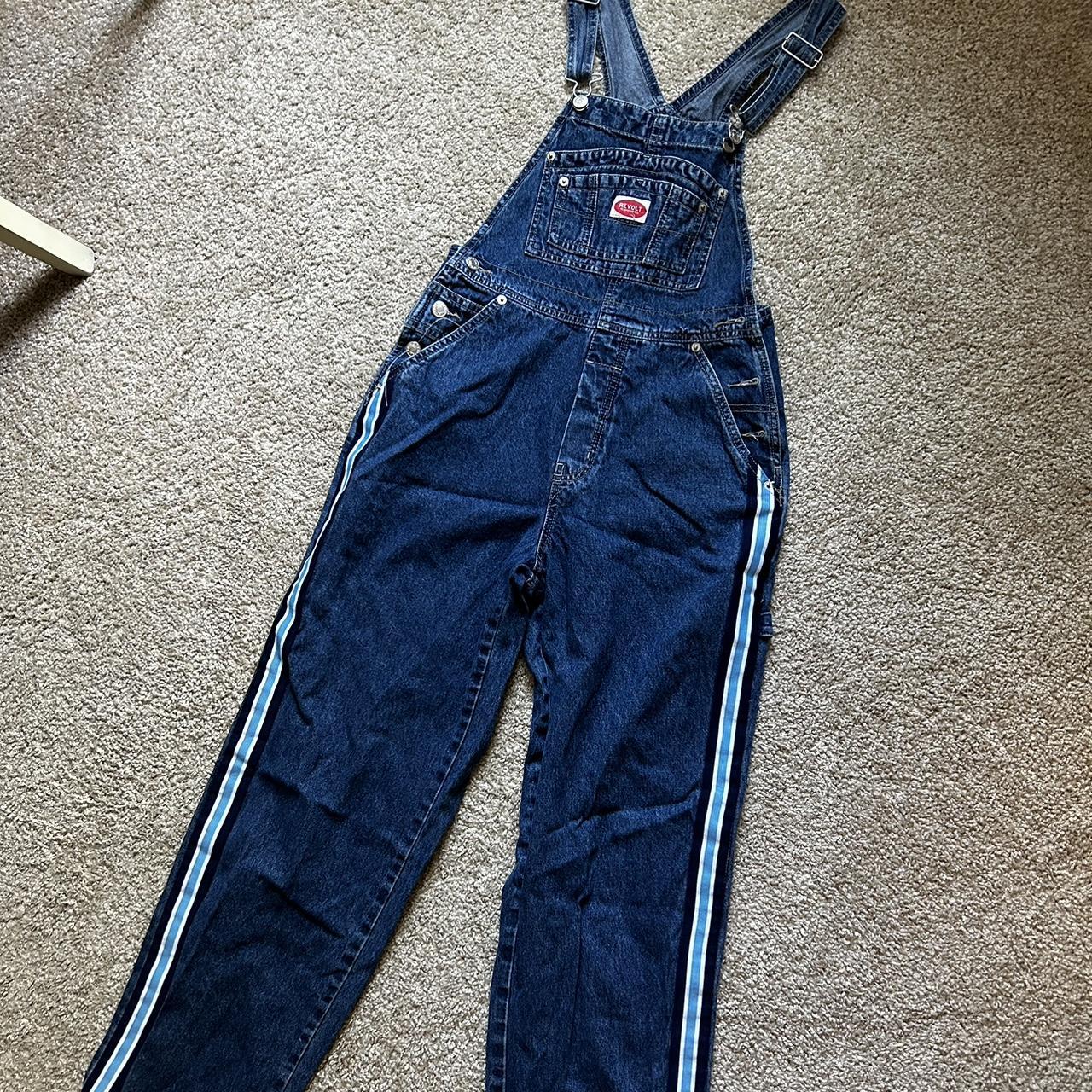 revolt overalls blue and black stripe on side of... - Depop
