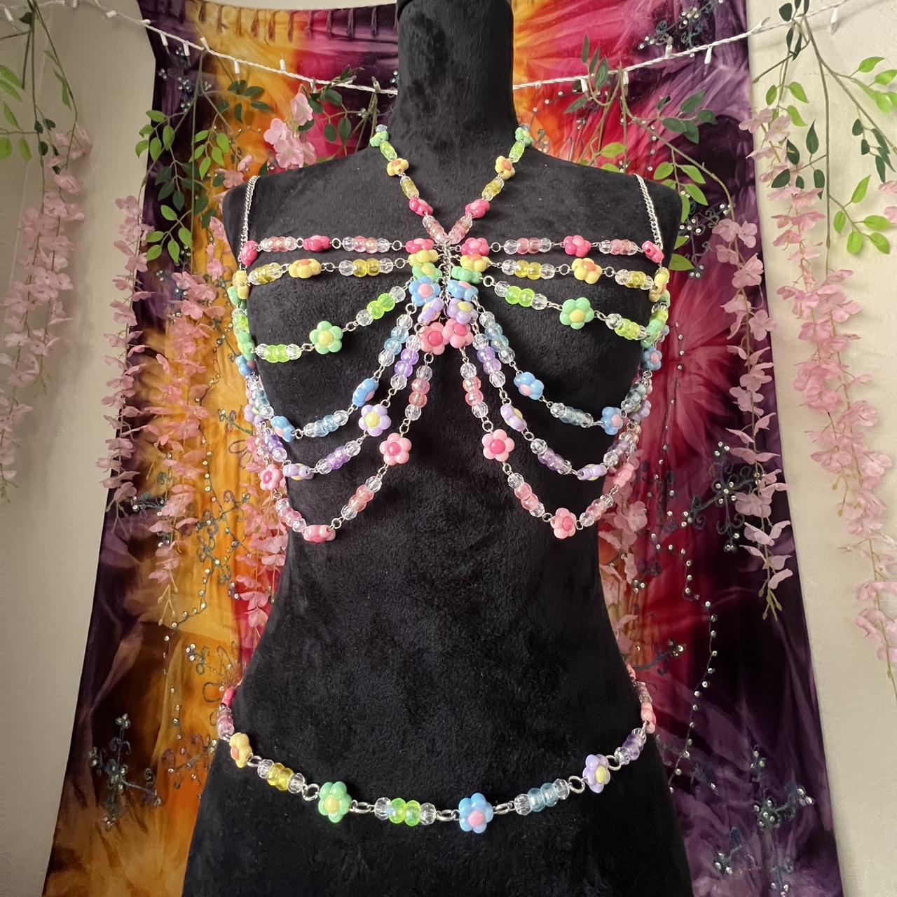 flower rave bead top and waist chain set handmade... | Depop