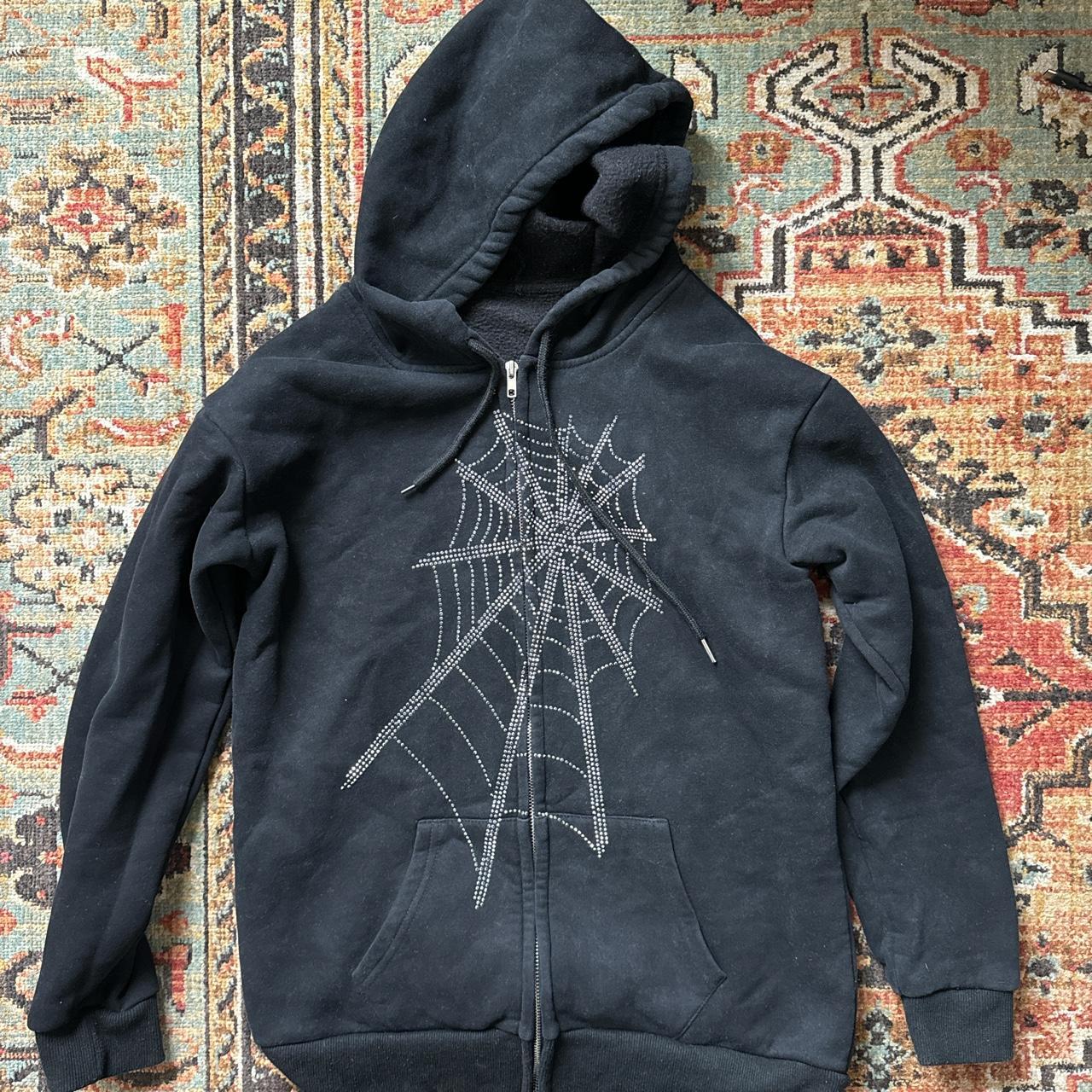 black spider web rhinestone zip up. zipper works... - Depop