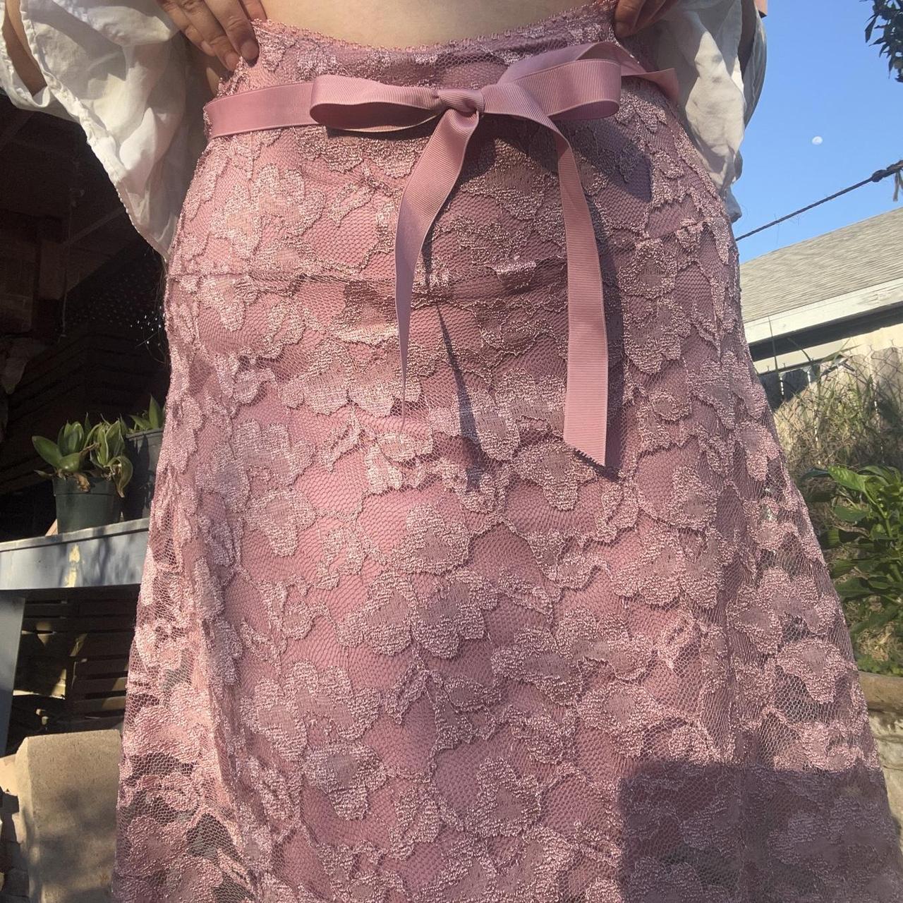 90s vintage pink lace skirt with ribbon bow belt.... - Depop