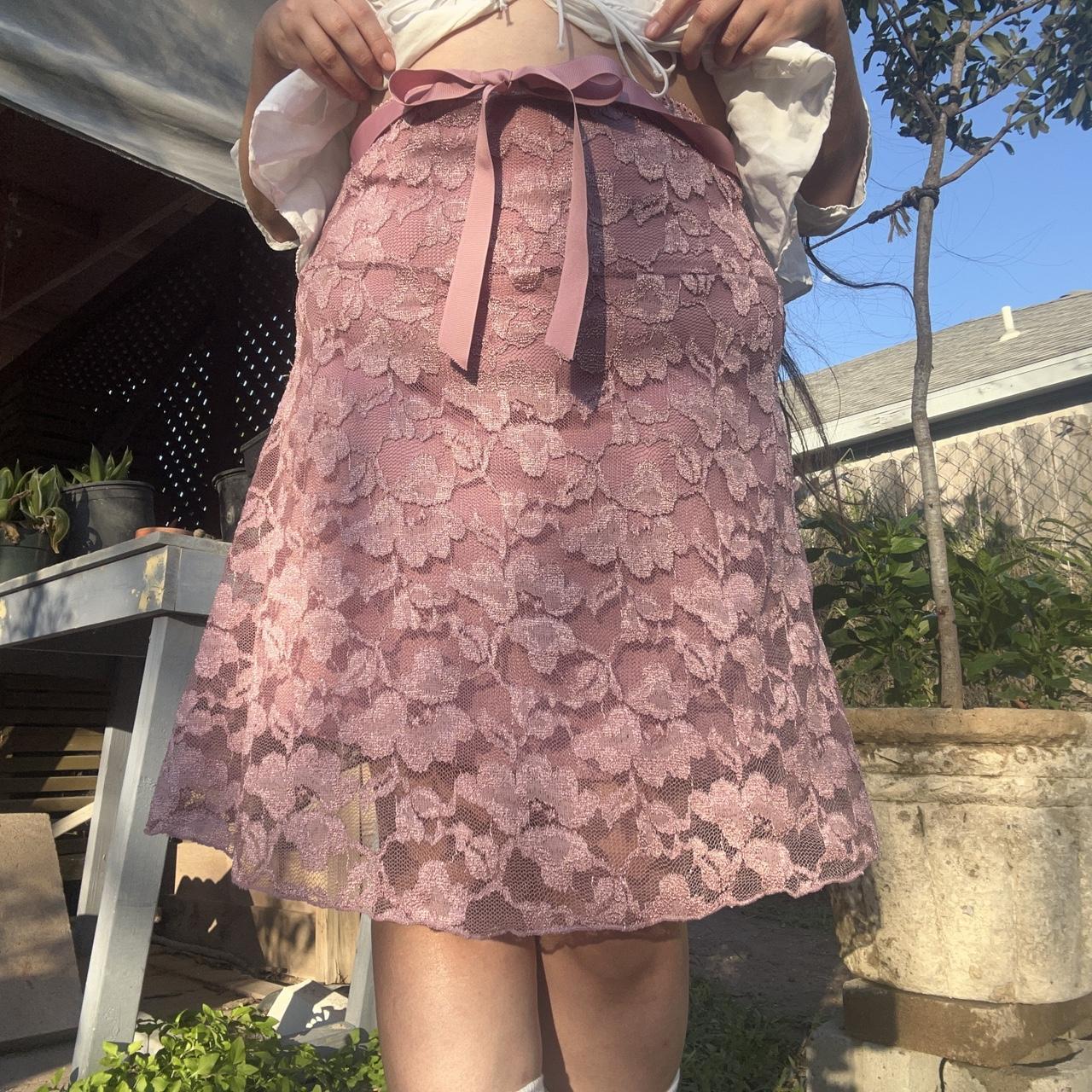 90s vintage pink lace skirt with ribbon bow belt.... - Depop
