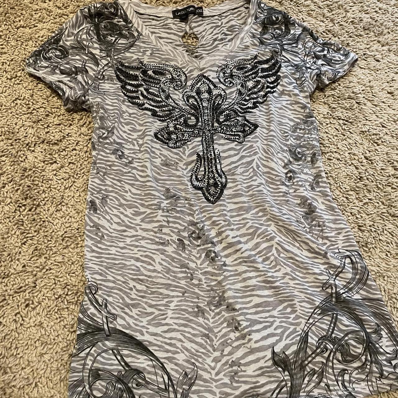 Y2K Cyber grunge bedazzled cross shirt with wings on... - Depop