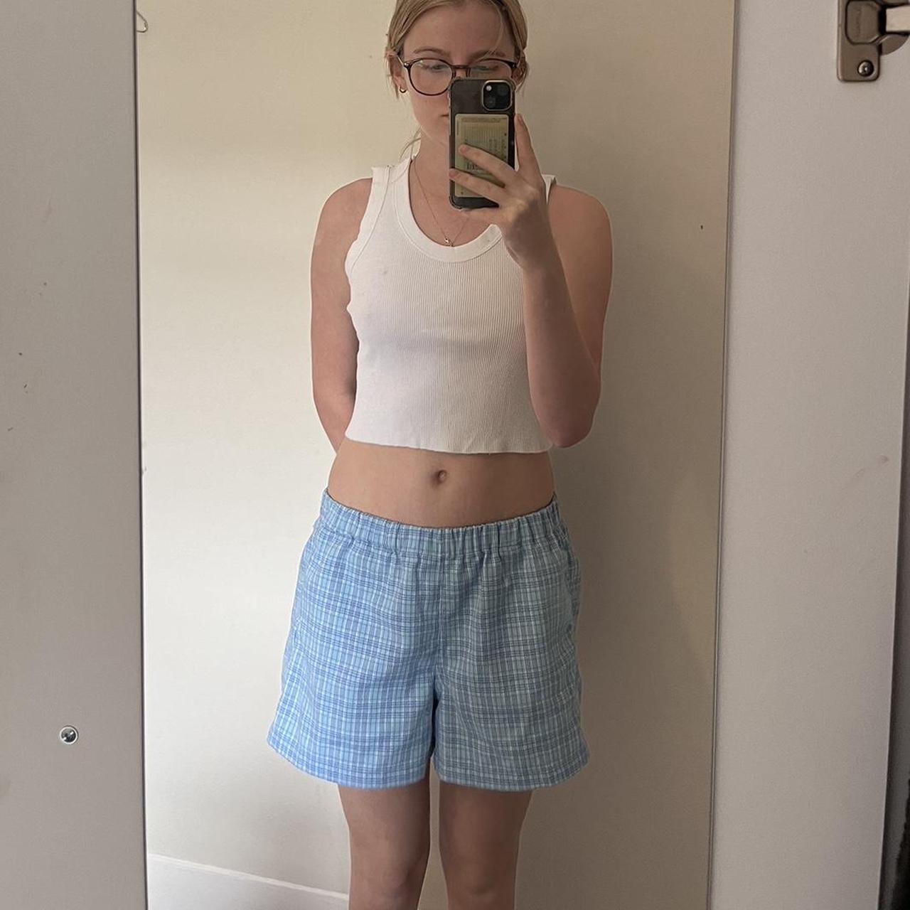 Blue checked Brandy Melville boxer shorts with... - Depop