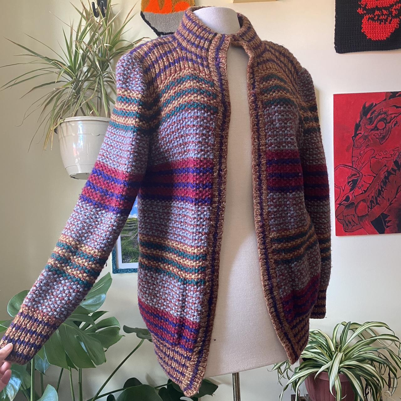 vintage multi-coloured wool hand knit cardigan with... - Depop