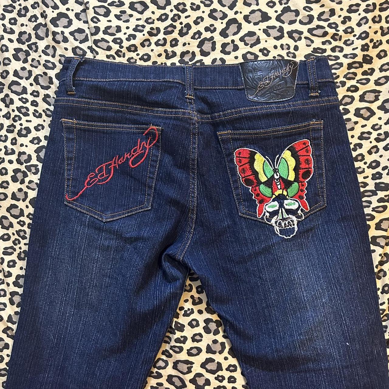 Ed Hardy Women's Navy and Green Jeans | Depop