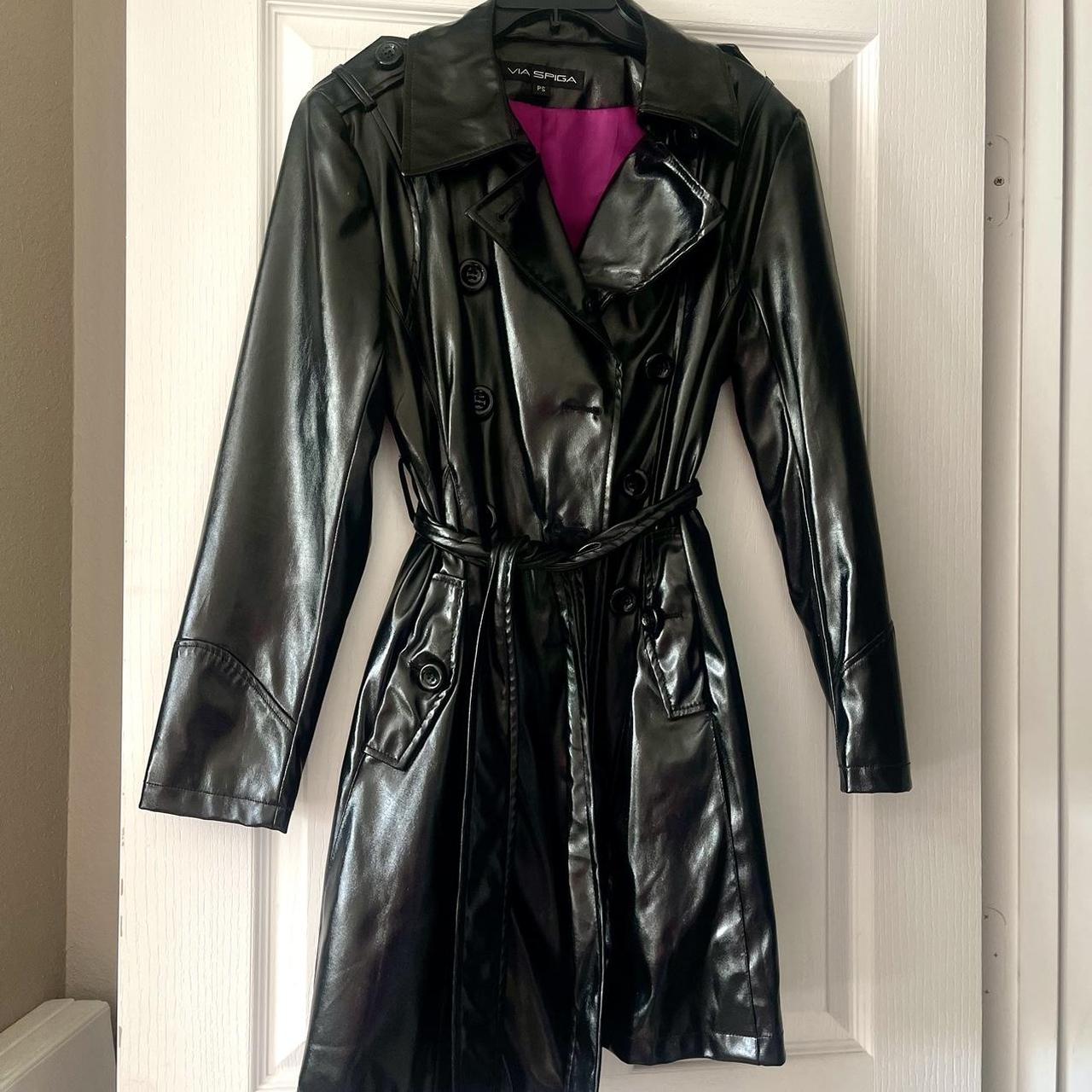 Black leather (pleather) shiny trench coat with a... - Depop