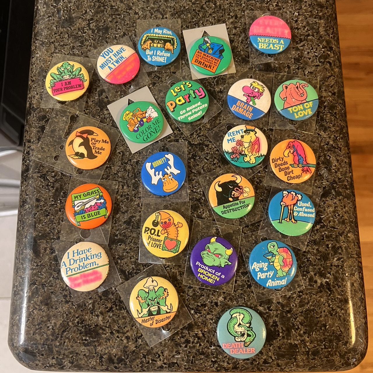 1970s vintage novelty pinback buttons - 22 pieces,... - Depop