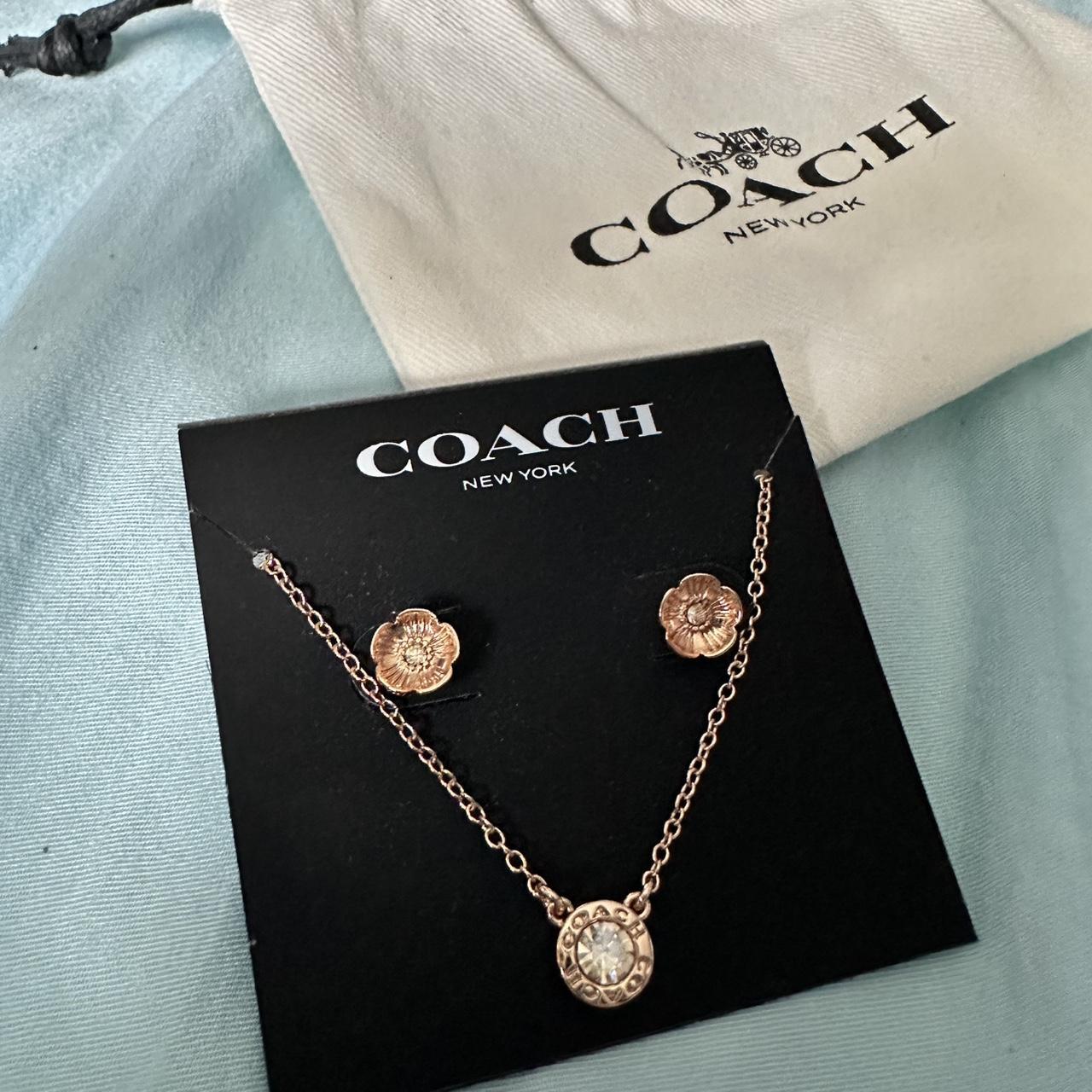 Coach rose gold earrings and necklace set with Coach... | Depop