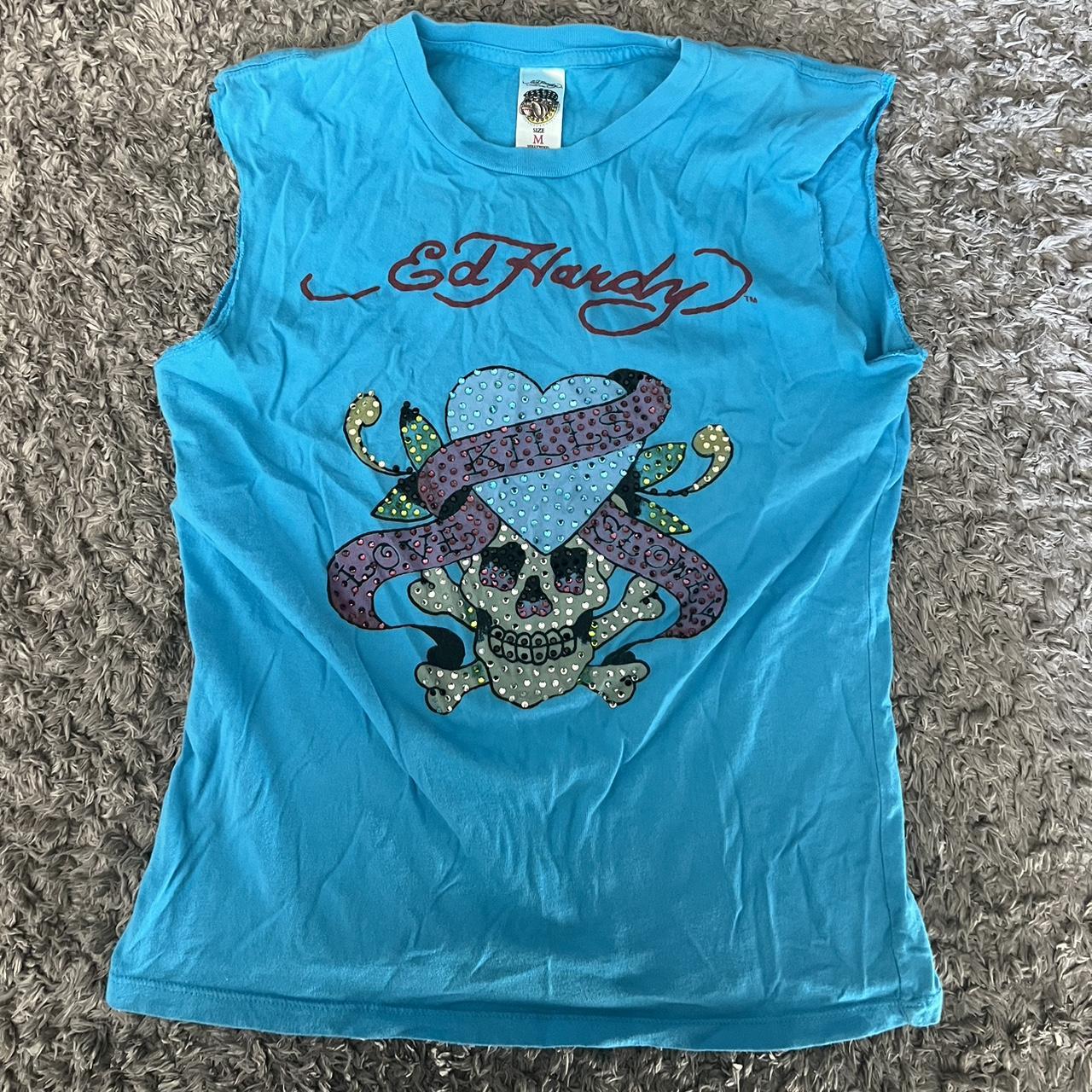 ed hardy bedazzled blue muscle tank condition: 10/10... - Depop