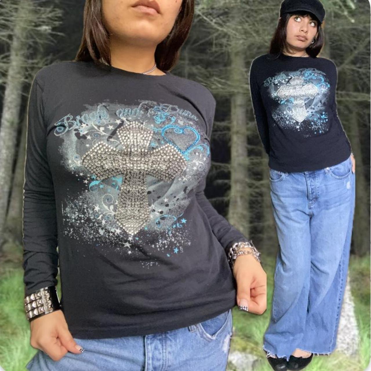 Y2k rhinestone cross black long sleeve In perfect... | Depop