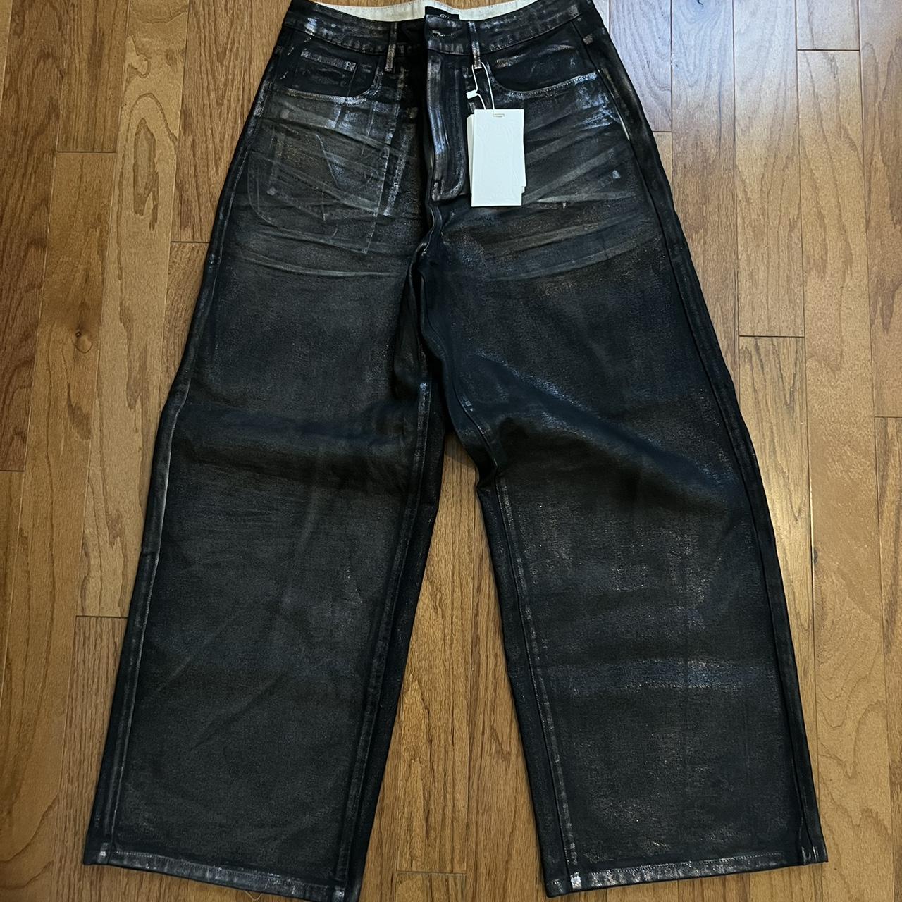 J Caesar black wide leg, baggy, waxed denim jeans.... - Depop
