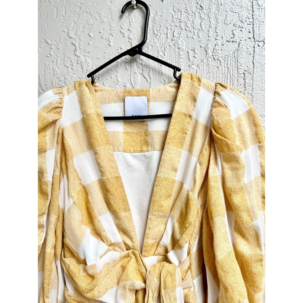Acler Puff Sleeve Sutherland Canary Check Wrap Mini... - Depop