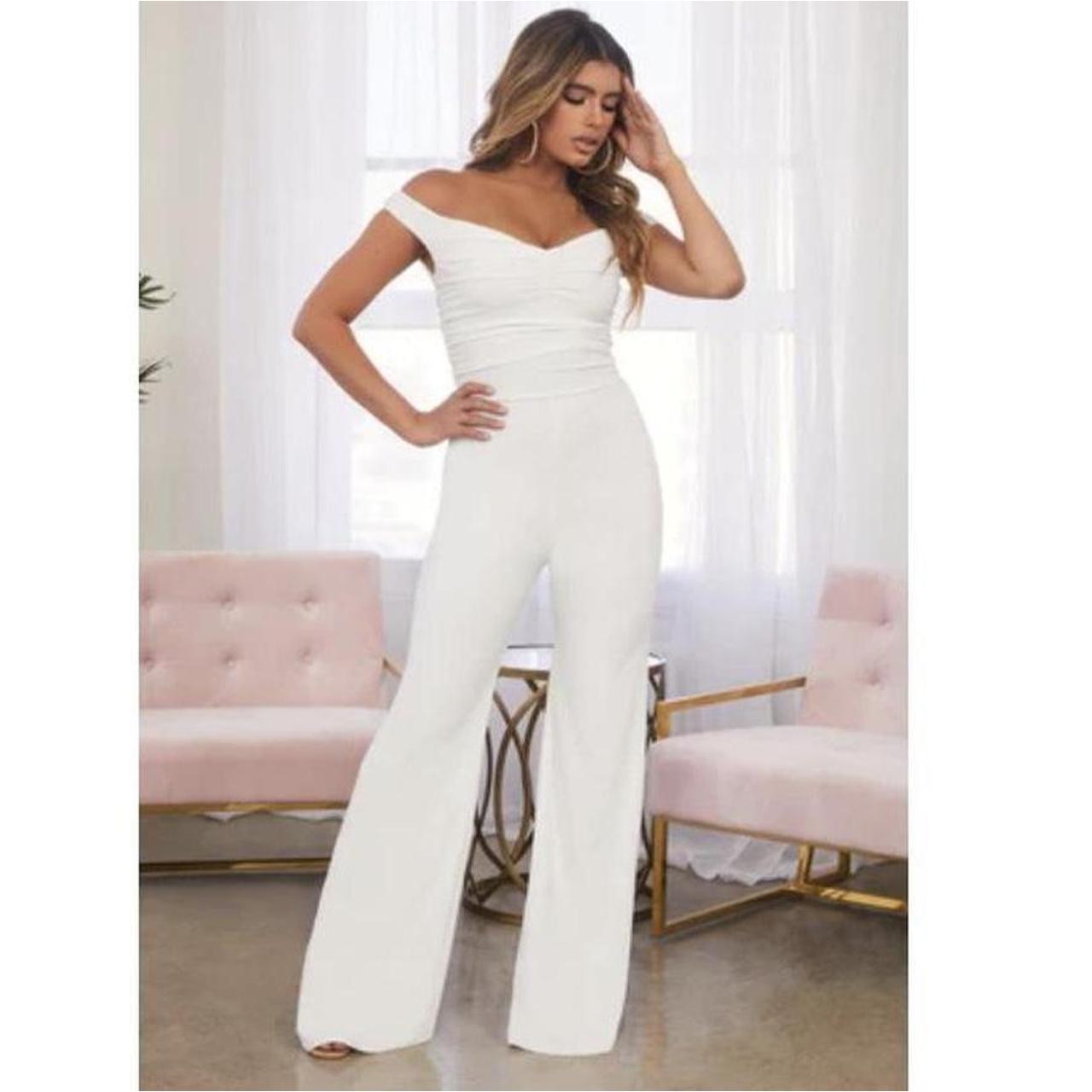 white ruched off the shoulder jumpsuit club l london - Depop