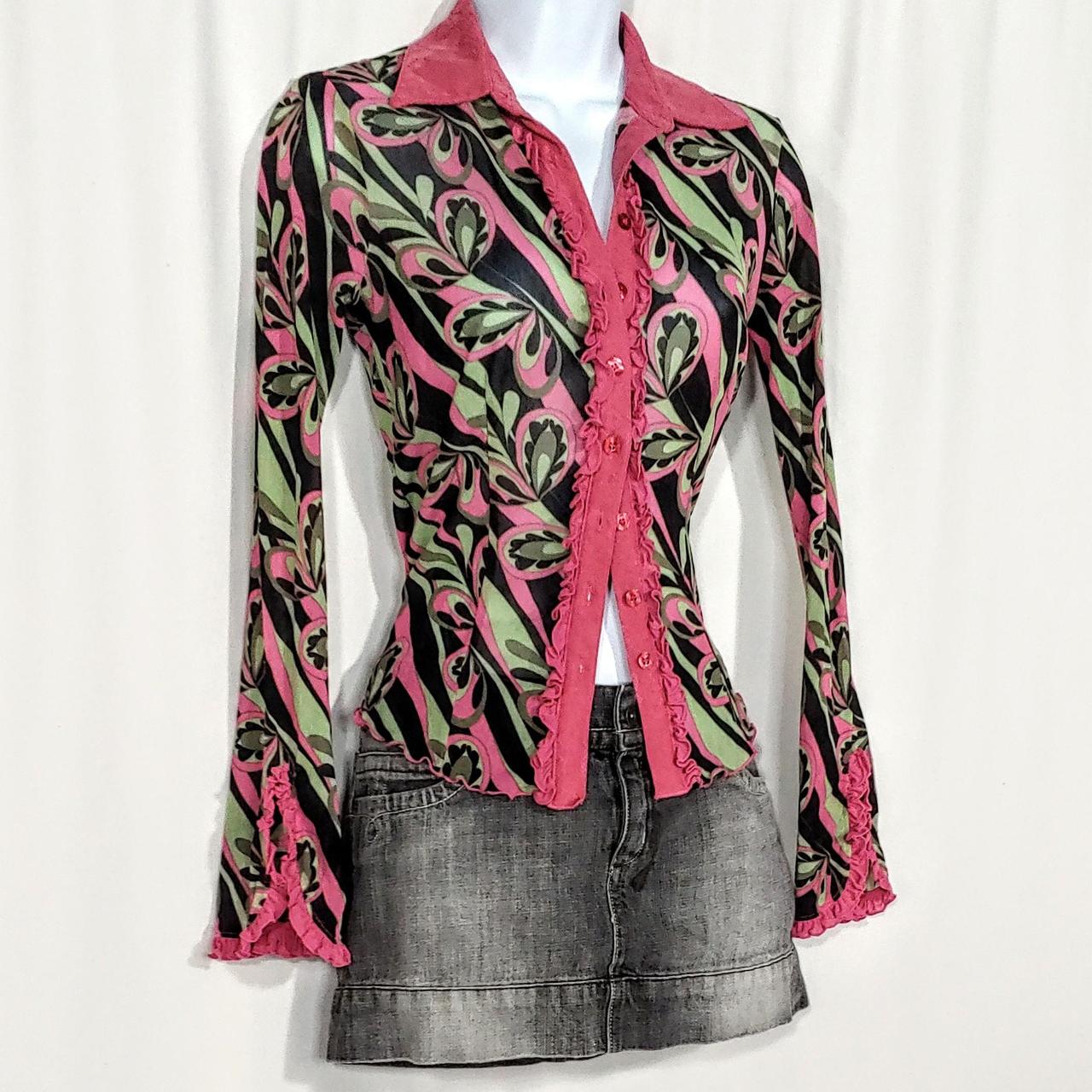 Y2k vintage micro mesh top Pink, green, and black... | Depop