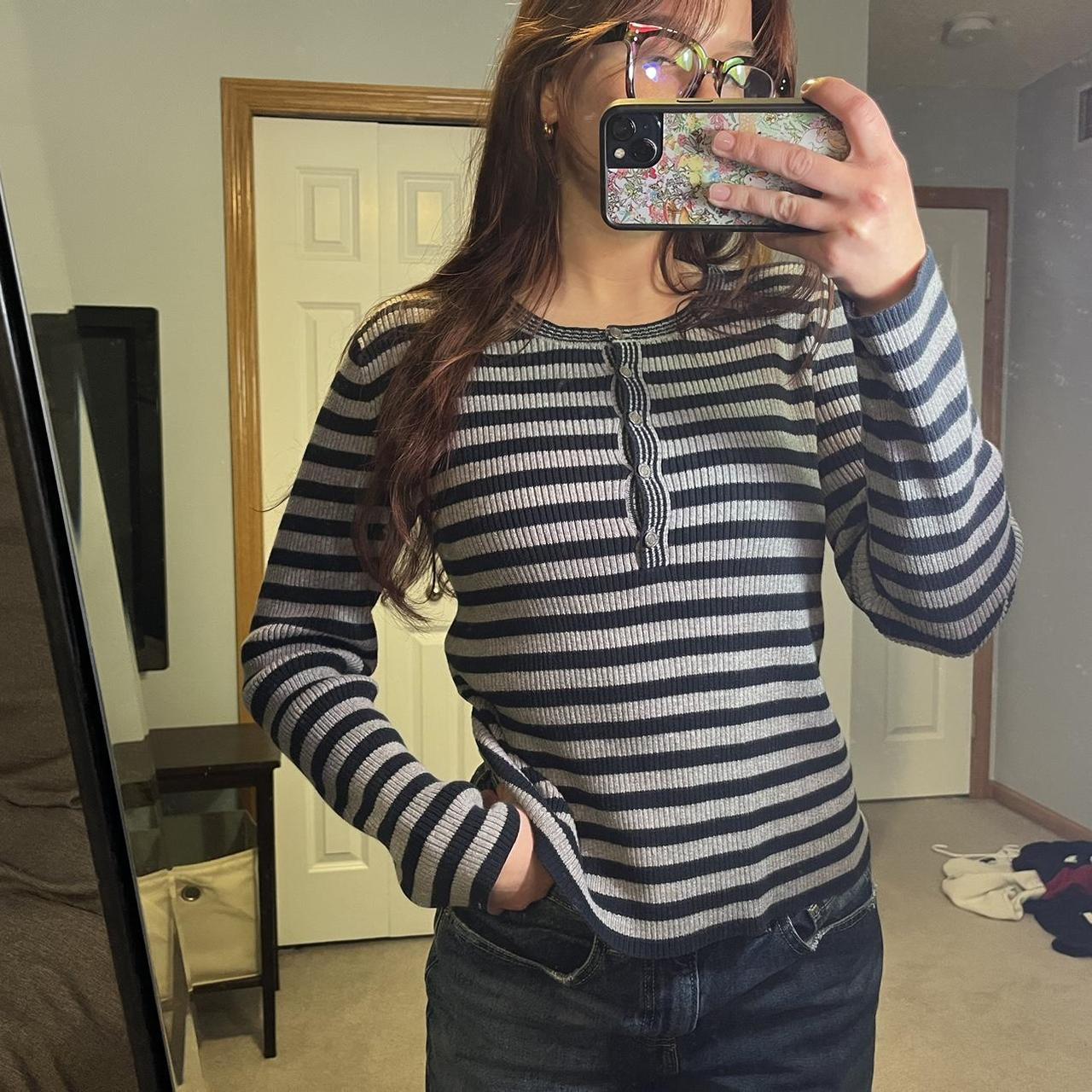 navy and grey chaps button up long sleeve sweater - Depop