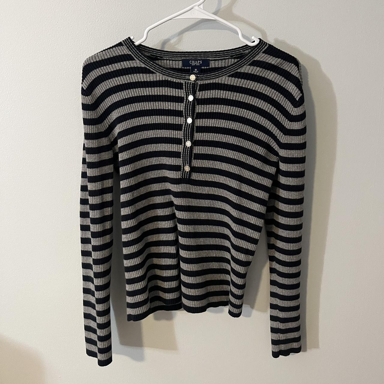 navy and grey chaps button up long sleeve sweater - Depop