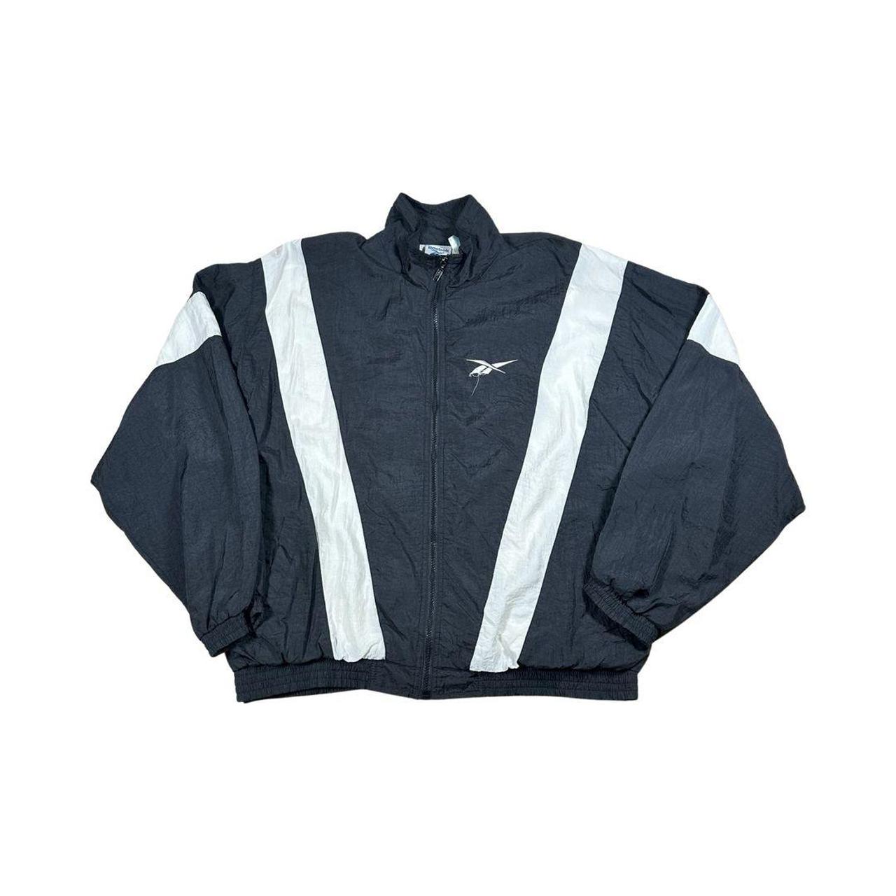 90's Reebok Black with White Stripes and Embroidered... - Depop