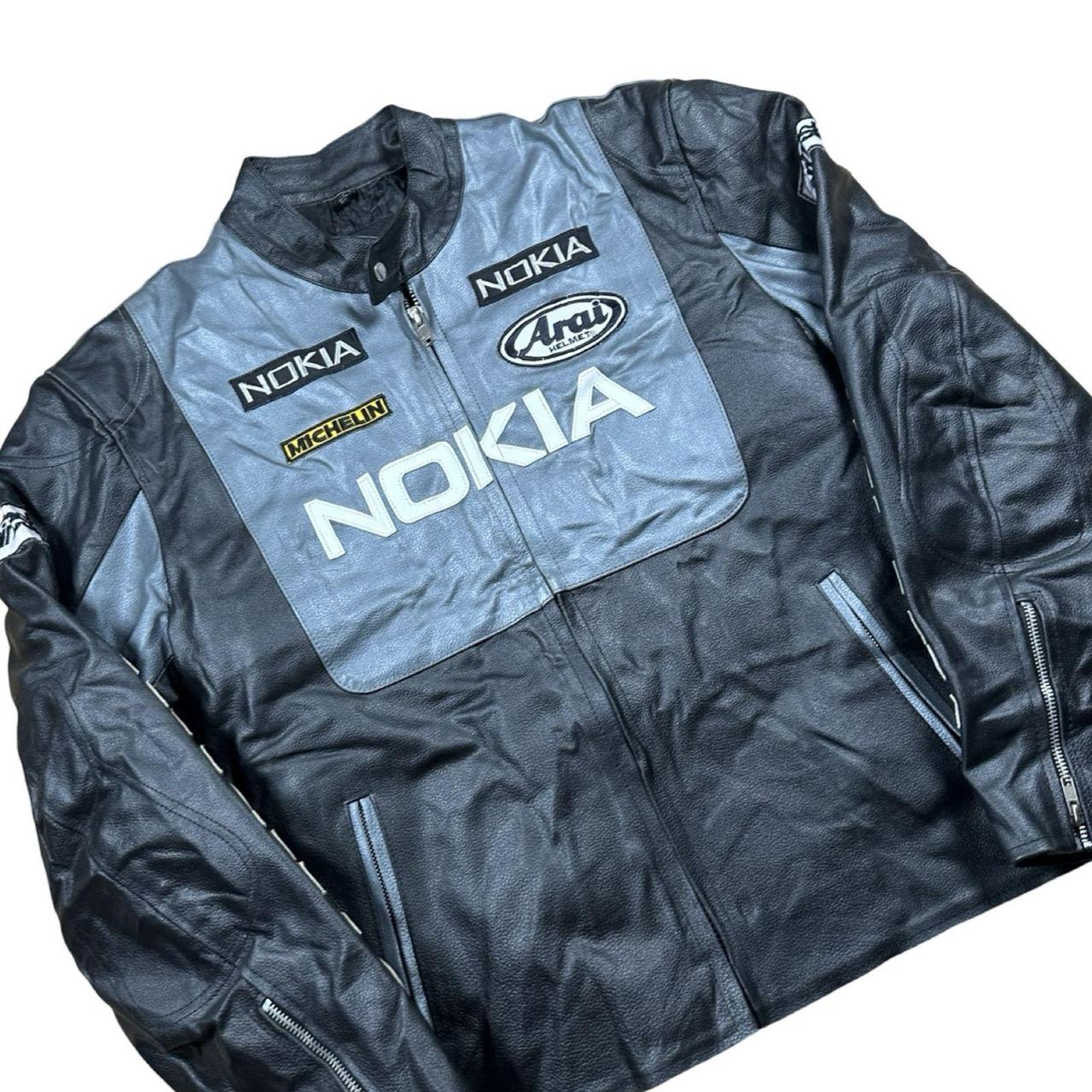 Black and Grey Nokia Racing Leather Motorbike Jacket... - Depop