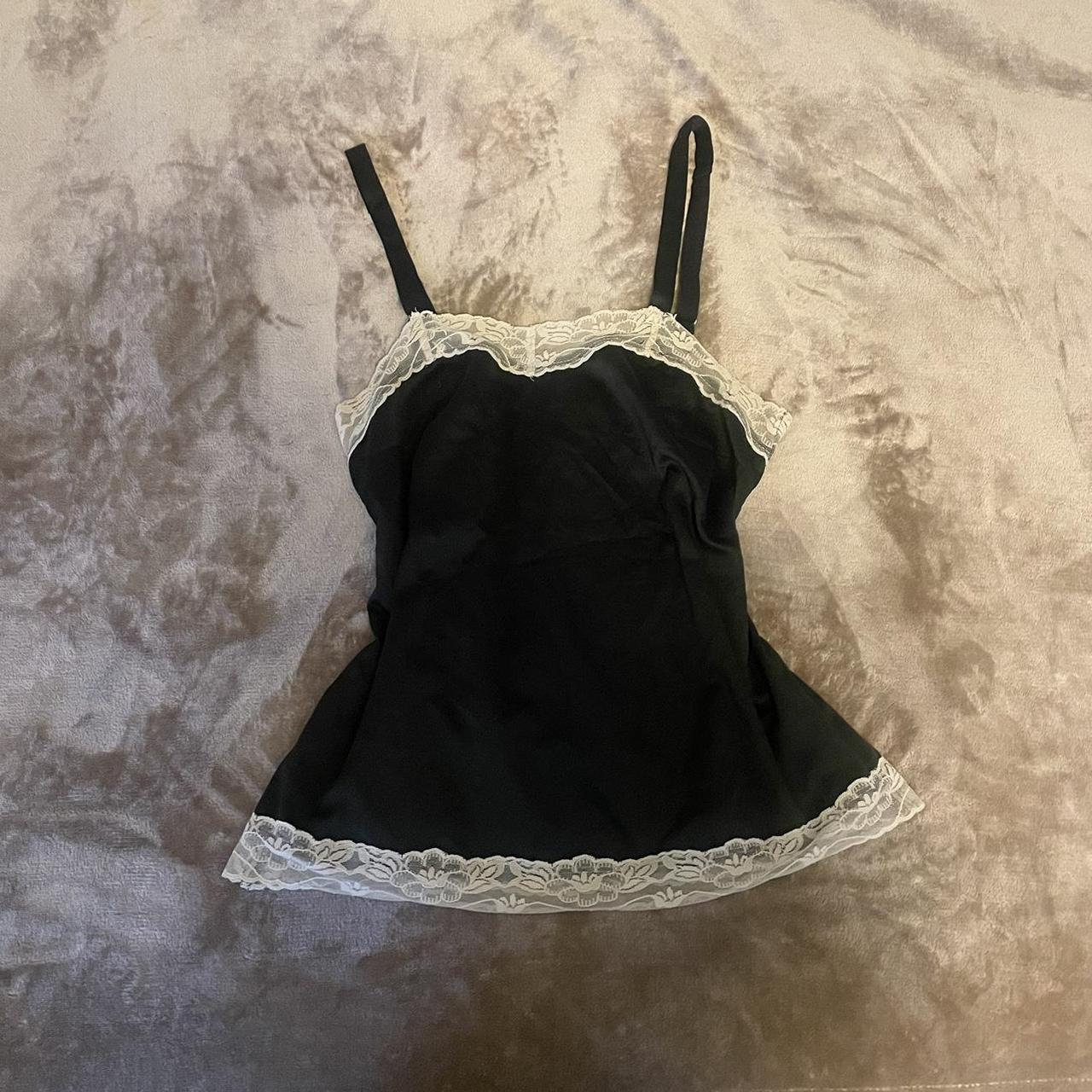 Classic black satin tank with white lace trim,... - Depop