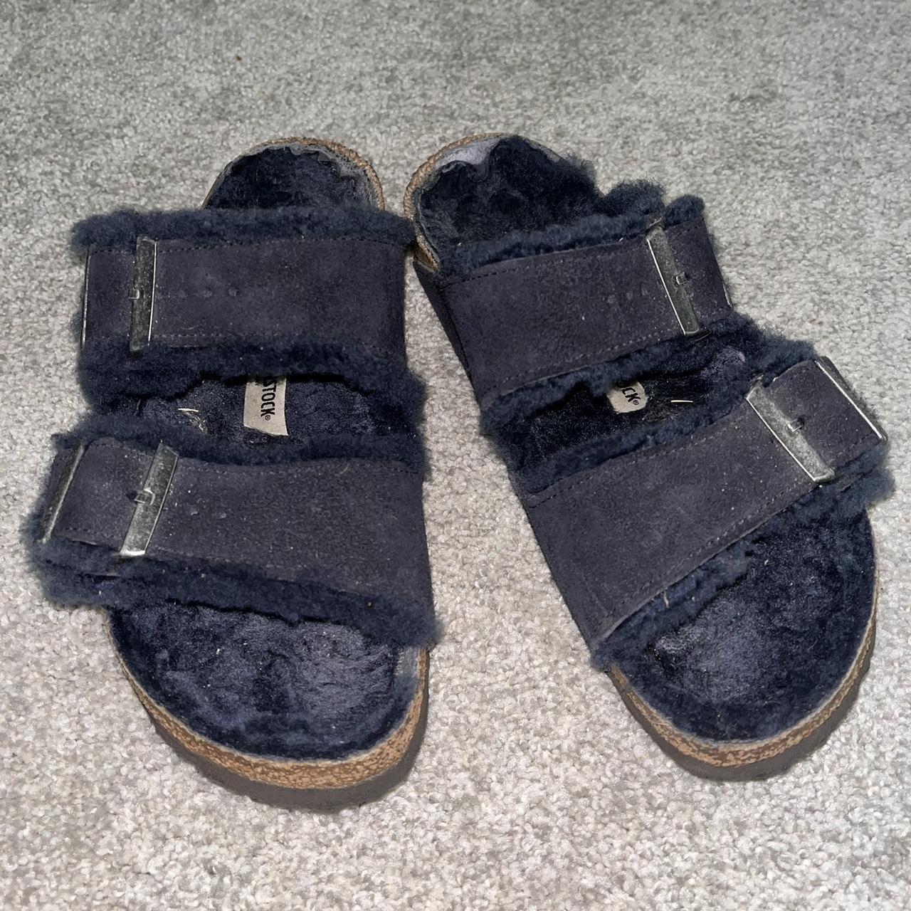 Navy blue fuzzy & suede Birkenstock Arizona sandals.... | Depop