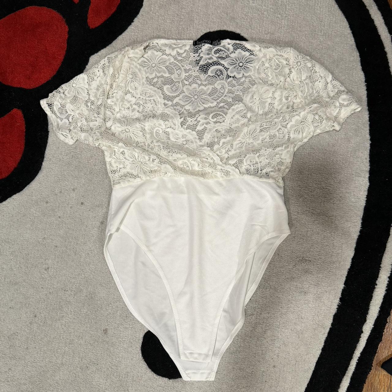 Boohoo white lace bodysuit. In good used condition... - Depop