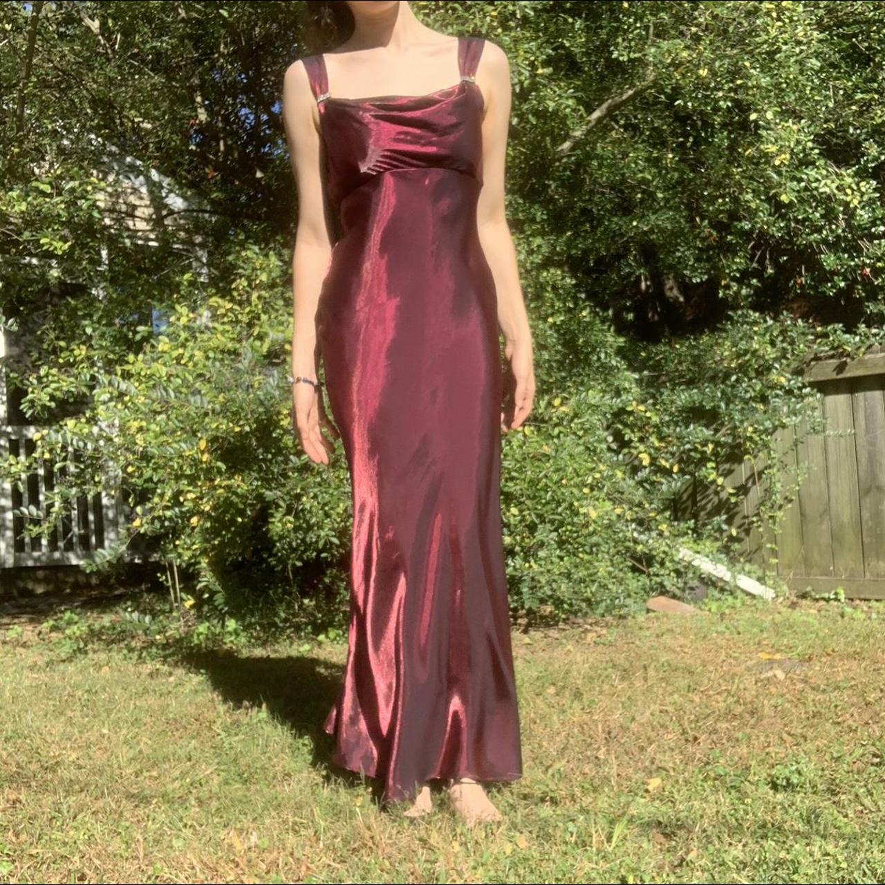 Gorgeous super shiny ruby colored floor-length gown... - Depop