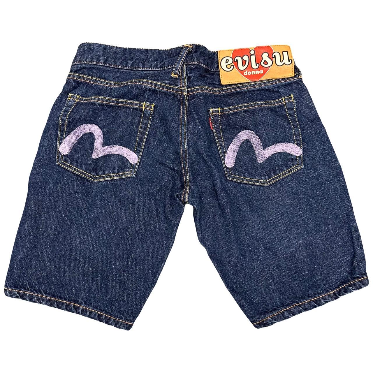 Authentic Evisu denim jorts with double purple... - Depop